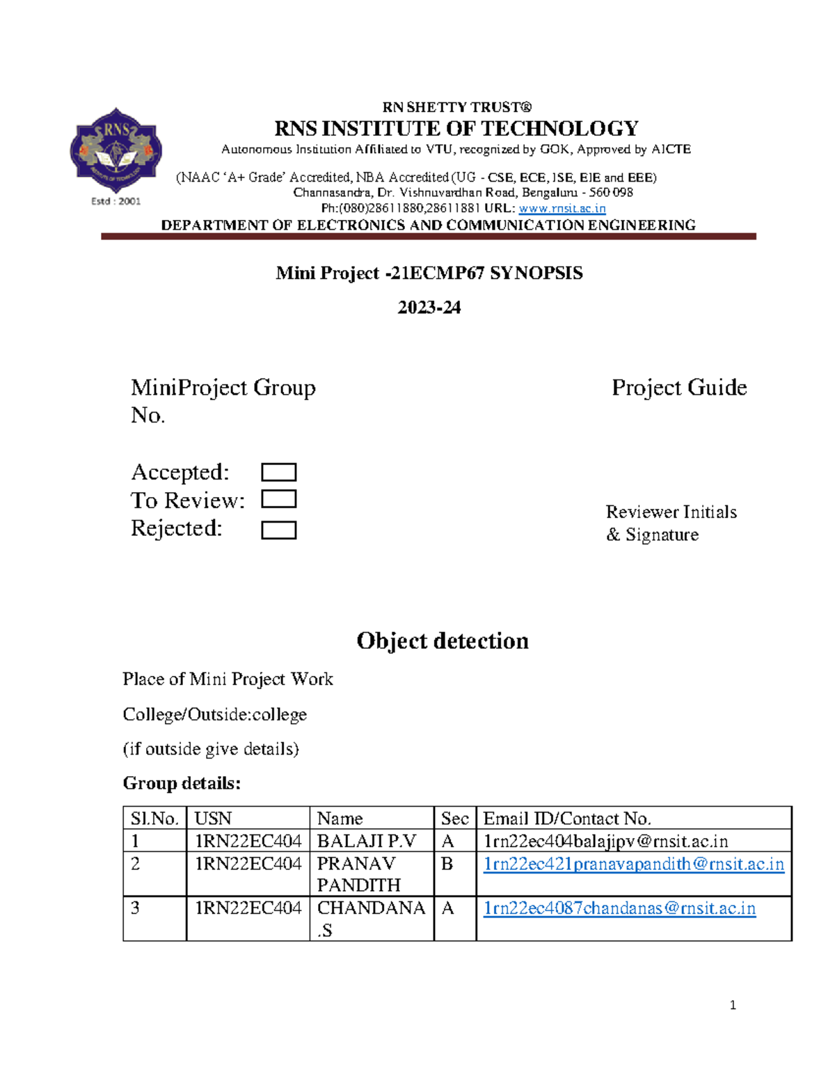 MINI Project - RN SHETTY TRUST® RNS INSTITUTE OF TECHNOLOGY Autonomous ...