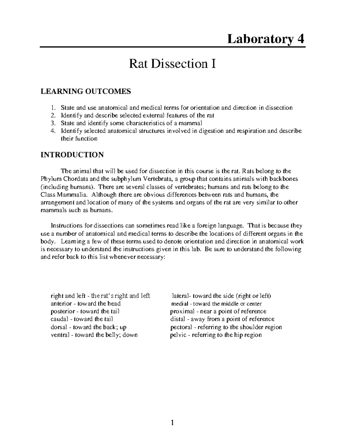 Rat I Directions - Laboratory 4 Rat Dissection I LEARNING OUTCOMES ...