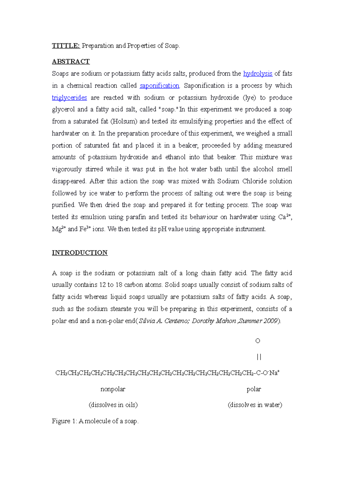 BCH 313 PRAC 4 - TITTLE: Preparation and Properties of Soap. ABSTRACT ...