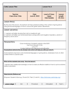 Clara TP3 LP - CELTA Lesson Plan Sample ( Writing) - Celta Lesson Plan ...