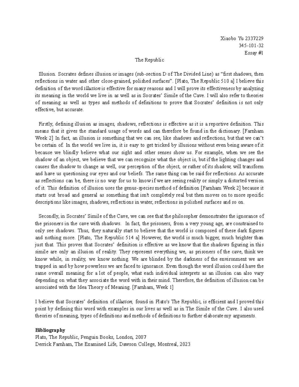 Republic - essay 1 - Xiaobo Yu 2337229 345-101- Essay # The Republic ...