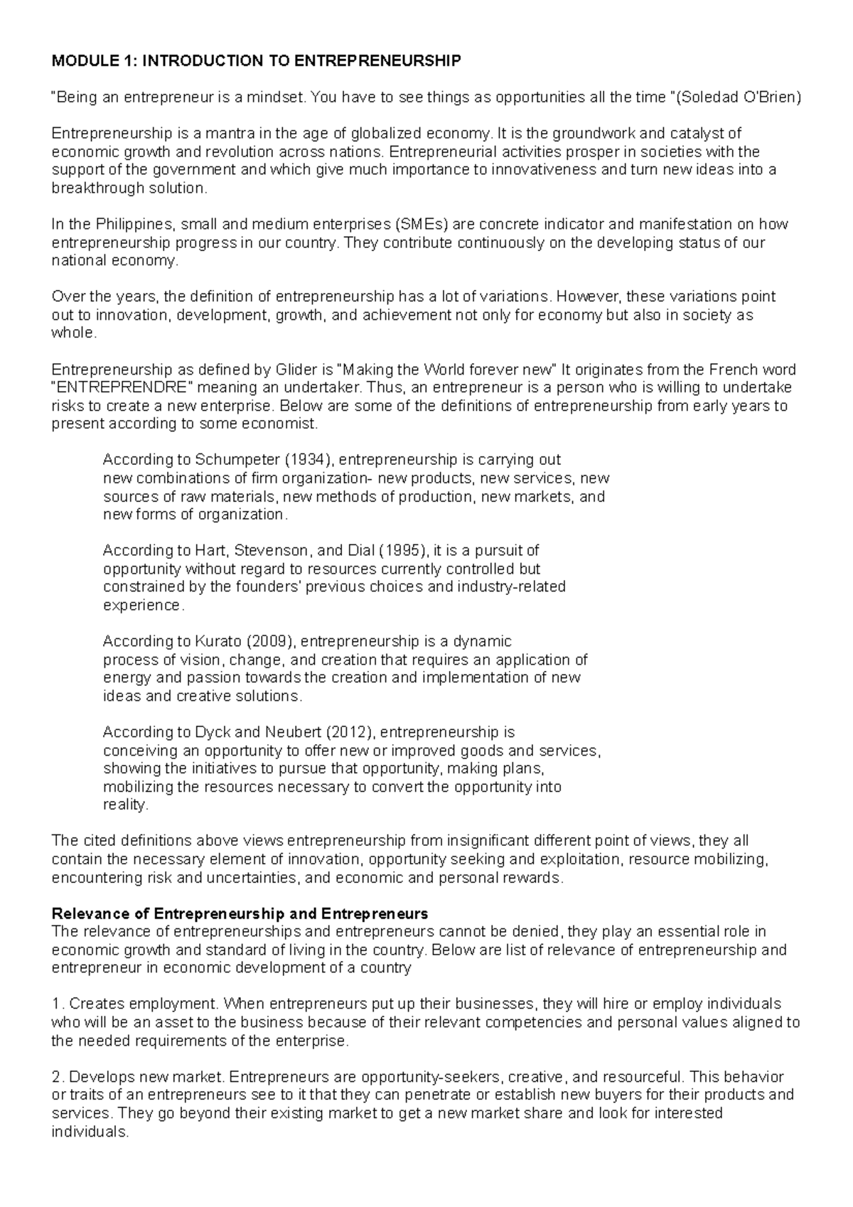 Module-1 - nothing - MODULE 1: INTRODUCTION TO ENTREPRENEURSHIP “Being ...