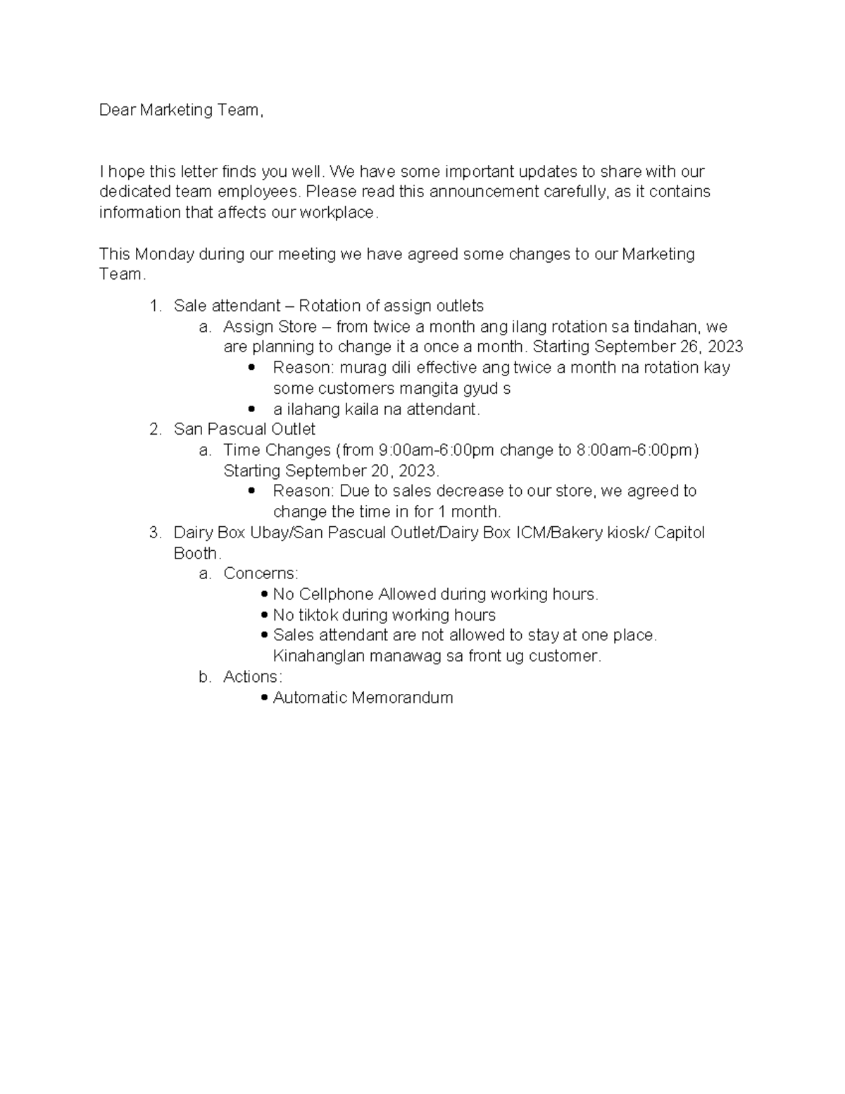 Dear Marketing Team - Letter - Dear Marketing Team, I hope this letter ...