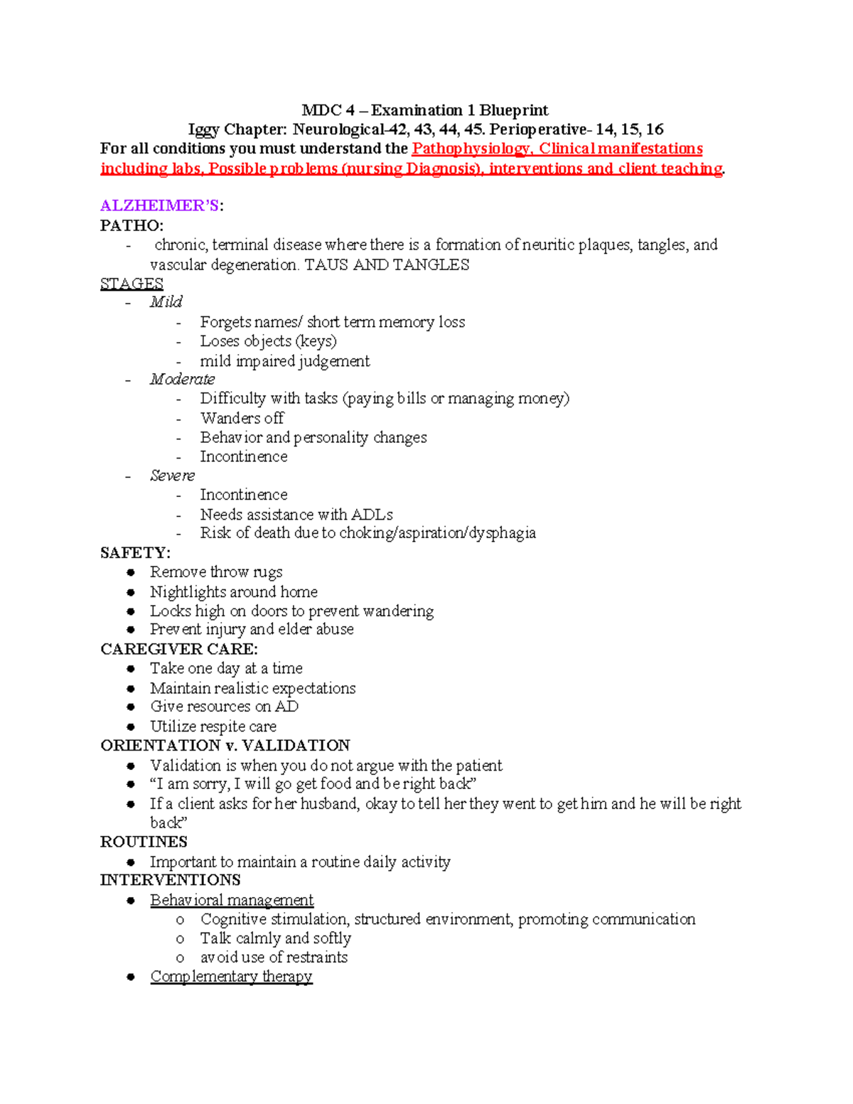 MDC IV Exam 1 Blueprint - Lecture notes 1-11 - NUR2755 - Studocu
