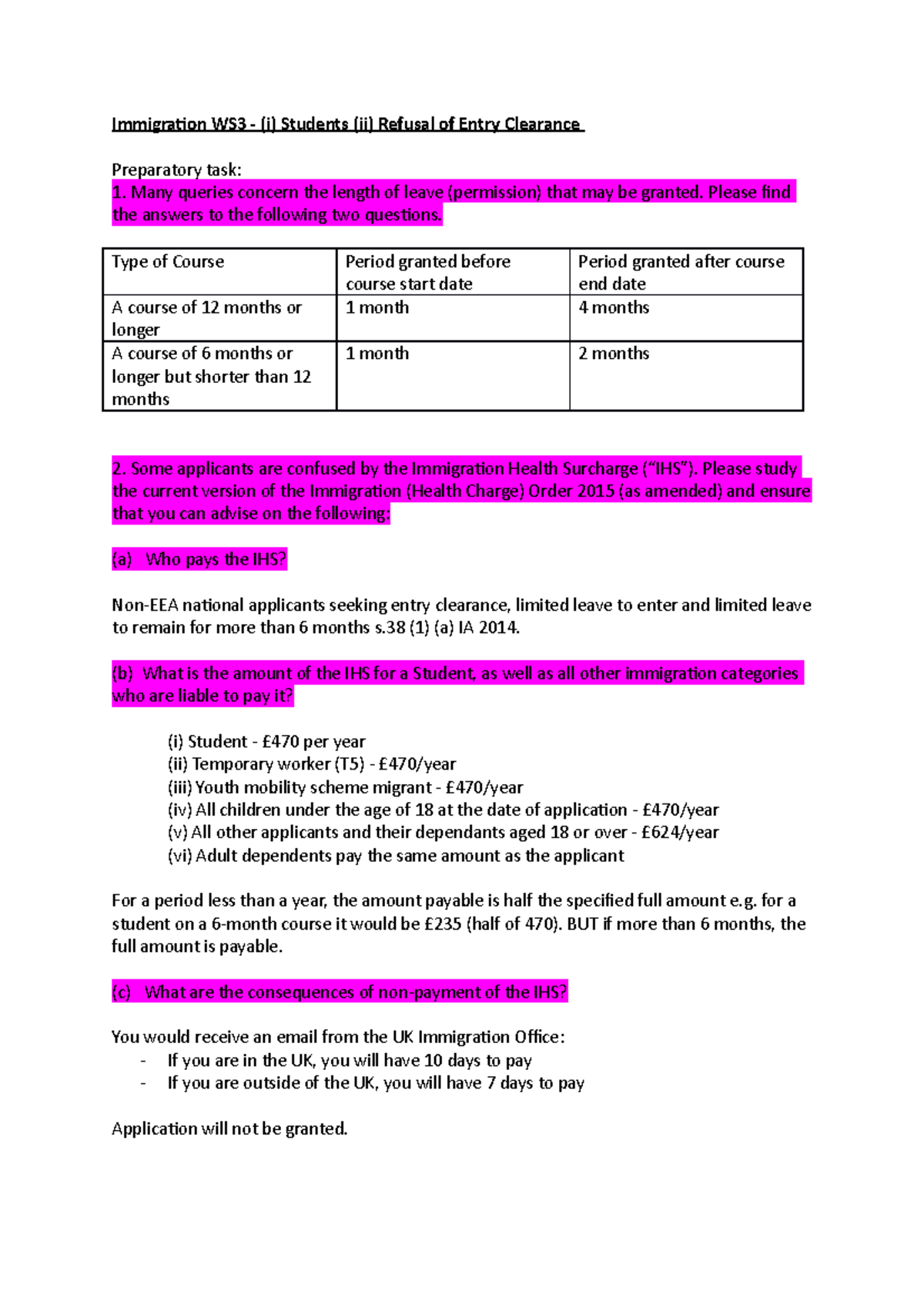 Immigration WS3 - WS 3 FULL NOTEs - Immigration WS3 - (i) Students (ii ...