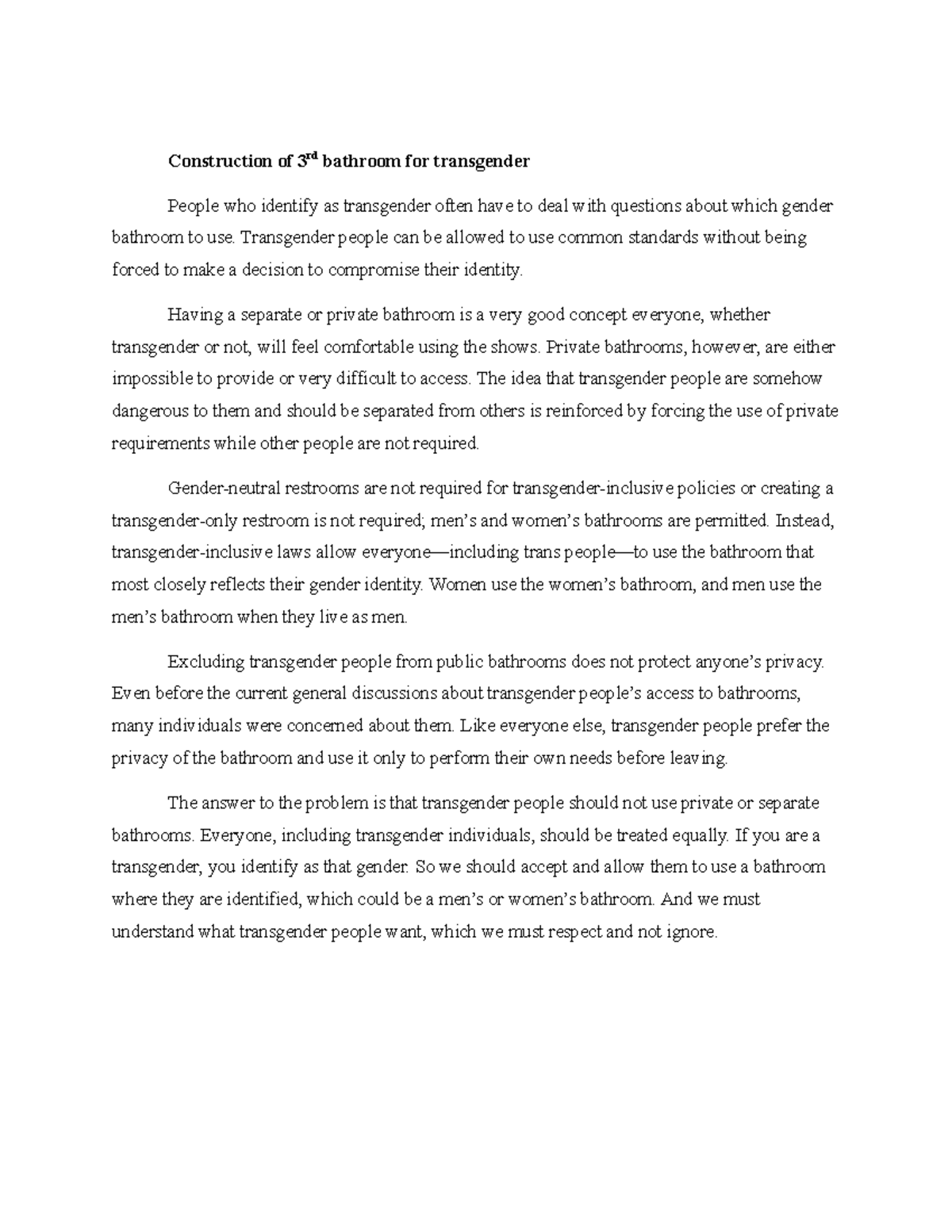 Transgender position paper essay - Construction of 3rd bathroom for ...