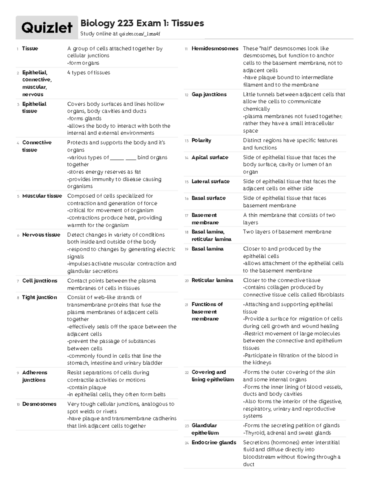 Biology 223 Exam 1 - Tissue A group of cells attached together by ...