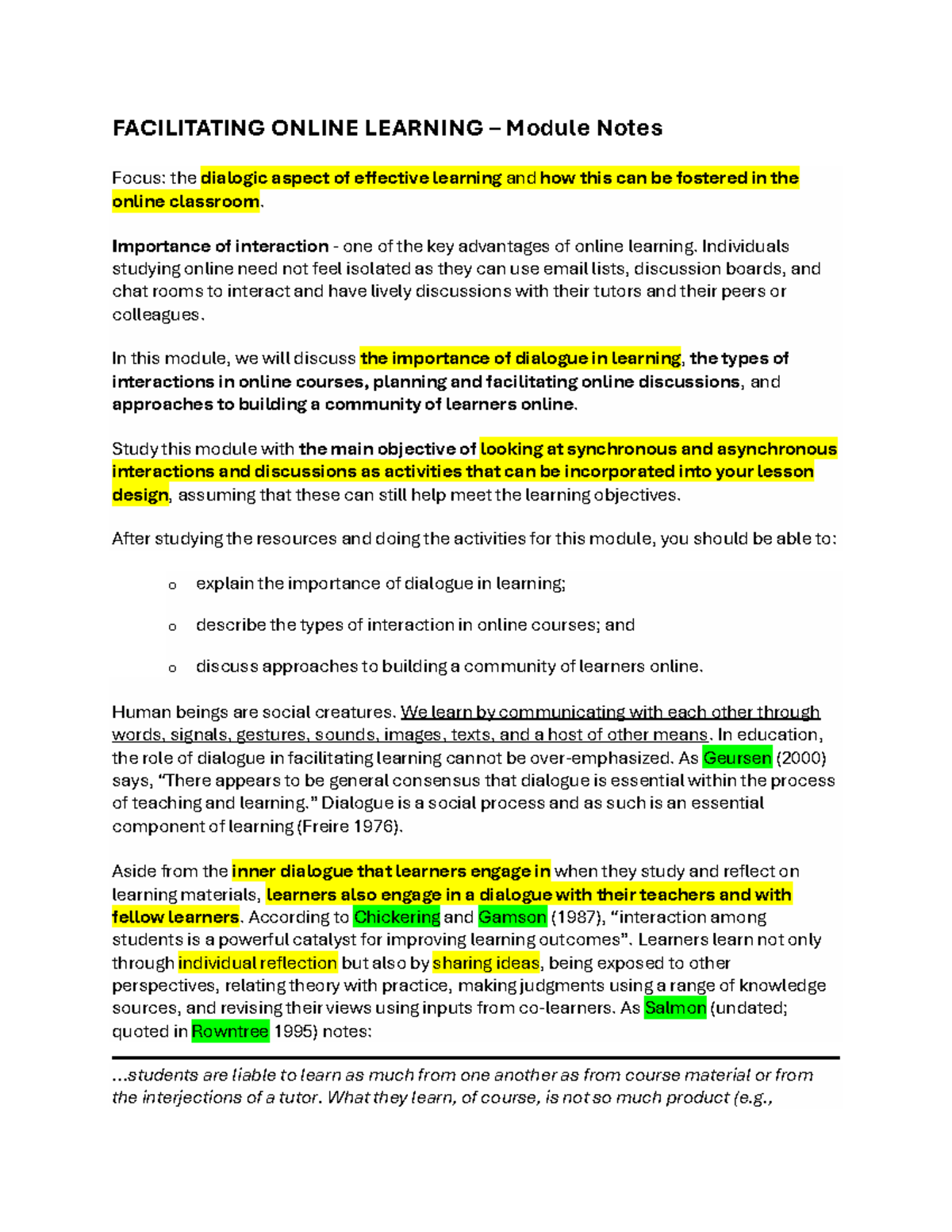 Facilitating Online Learning - Module Notes - FACILITATING ONLINE ...