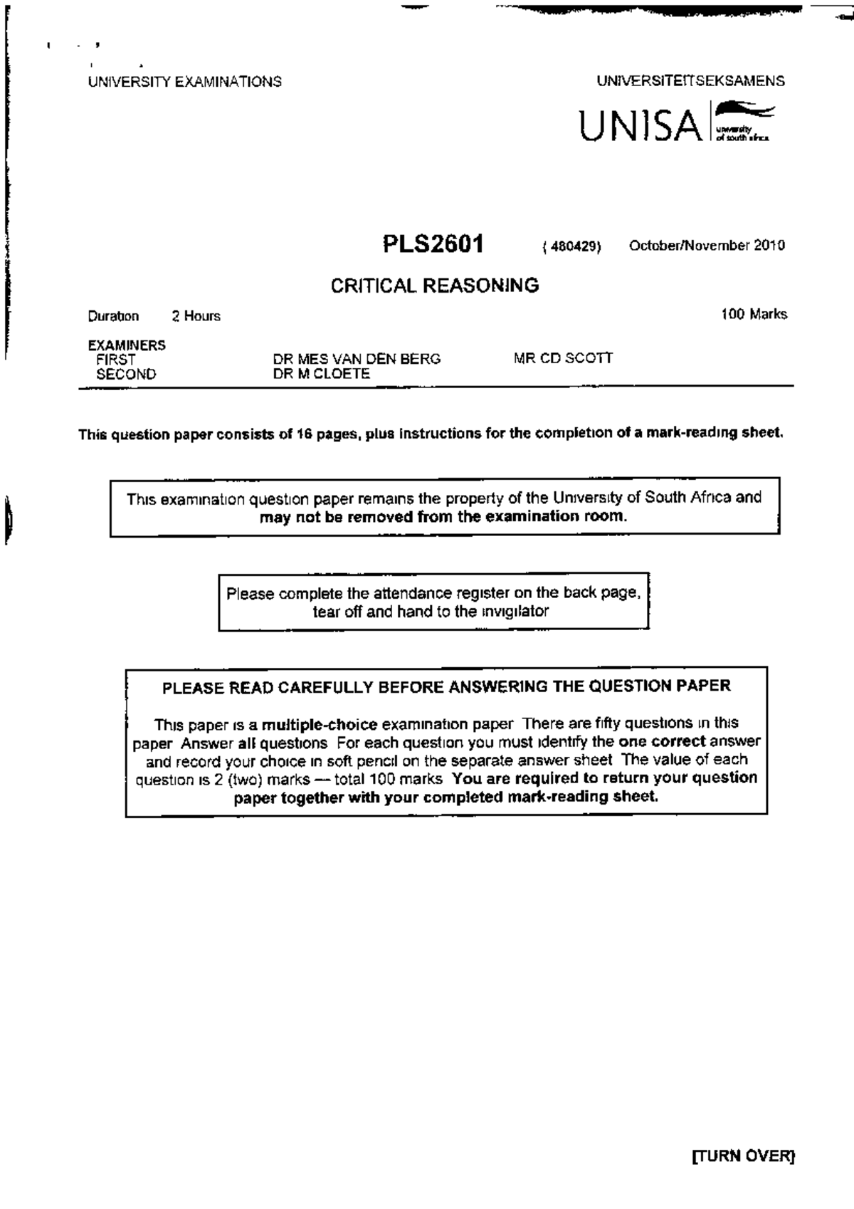 PLS2601 2010 10 E 1 - Examination paper October 2010. - PLS2601 - Studocu