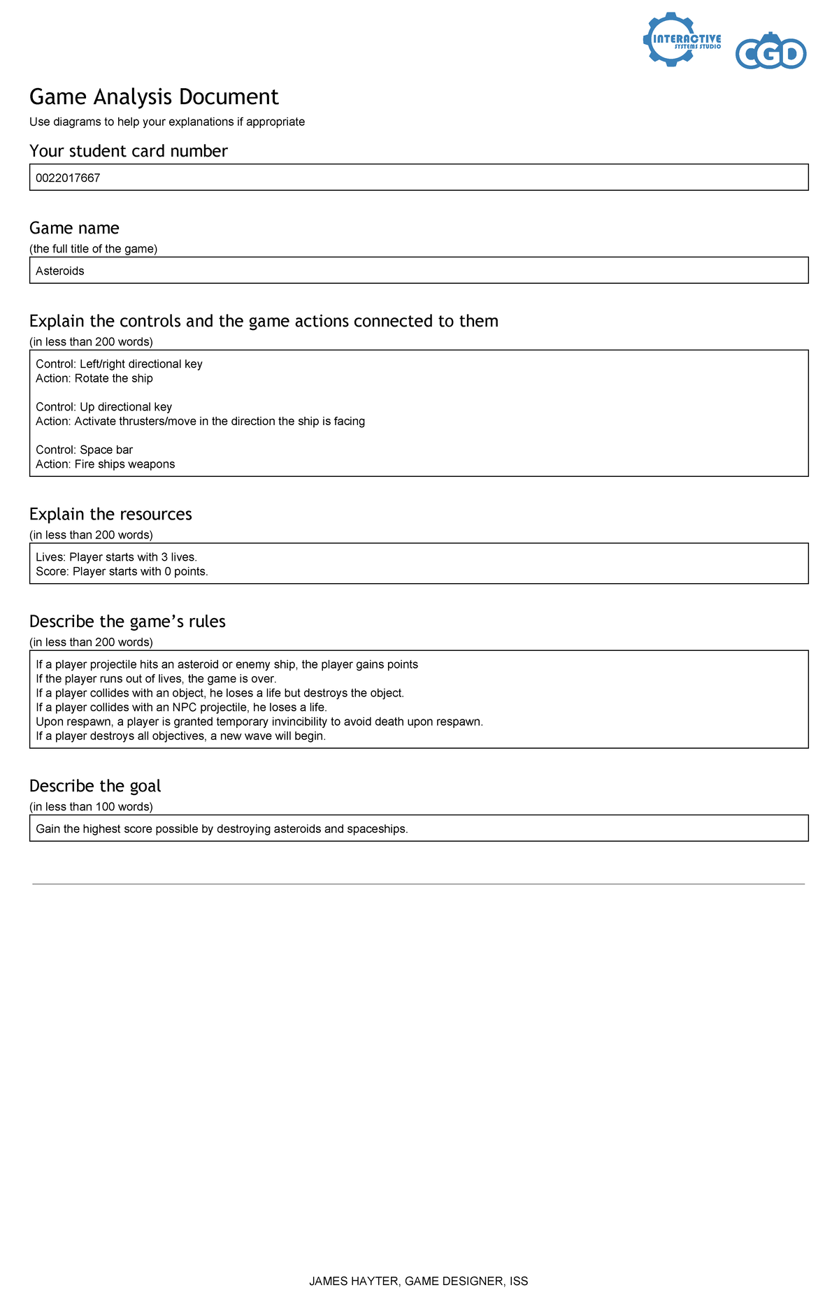 Game Analysis Document - Score: Player starts with 0 points. Describe ...