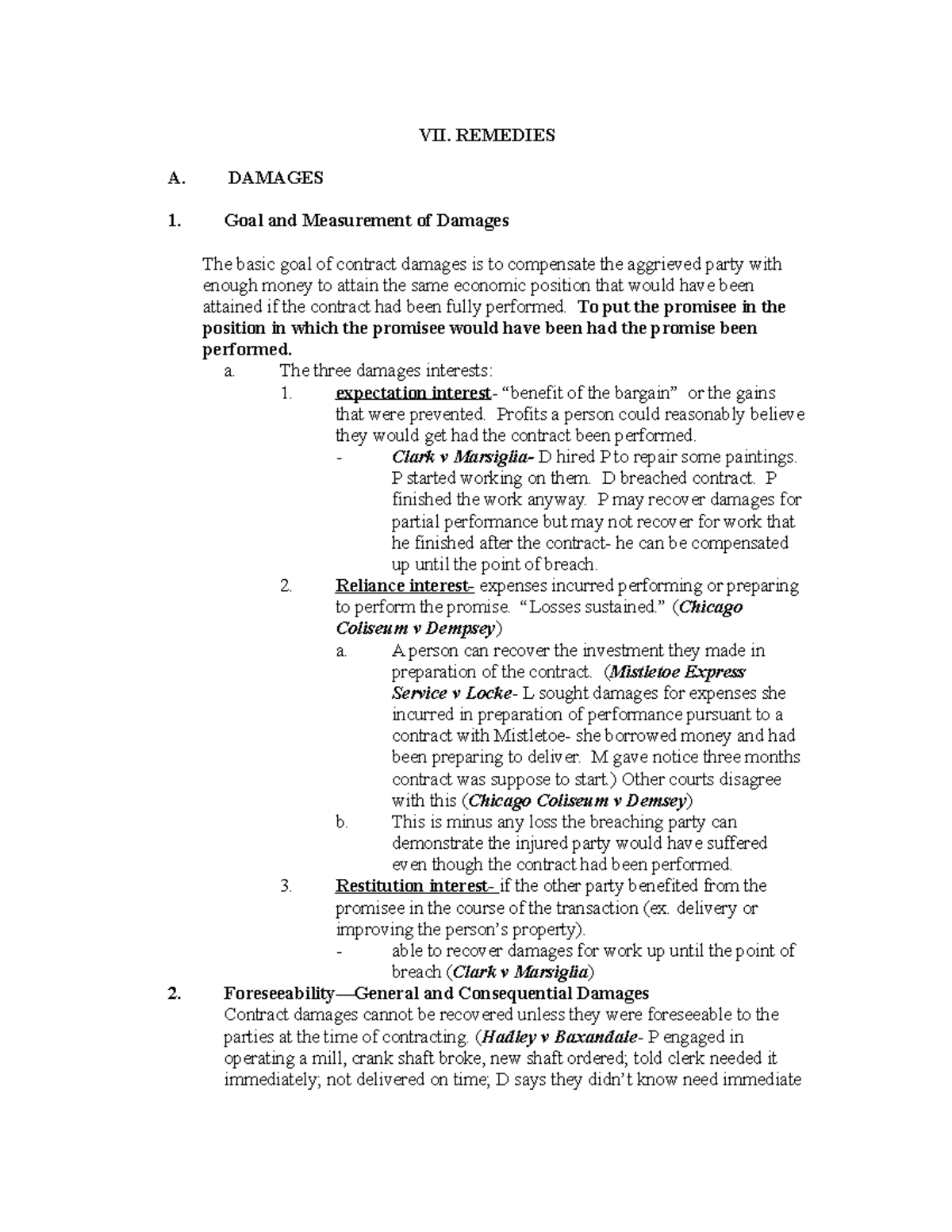 Contracts Law Outline - 1 - VII. REMEDIES A. DAMAGES Goal and ...