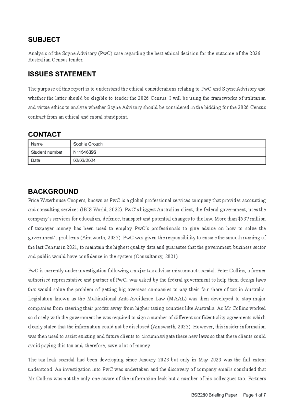 BSB250 A1 Sophie Crouch - SUBJECT Analysis of the Scyne Advisory (PwC ...