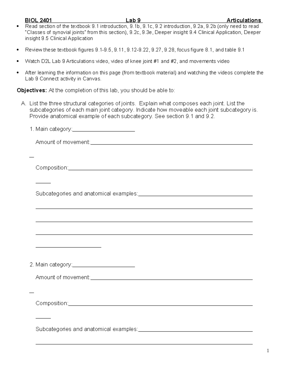 Lab 9 Articulations (instructions) - BIOL 2401 Lab 9 Articulations Read section of the textbook ...