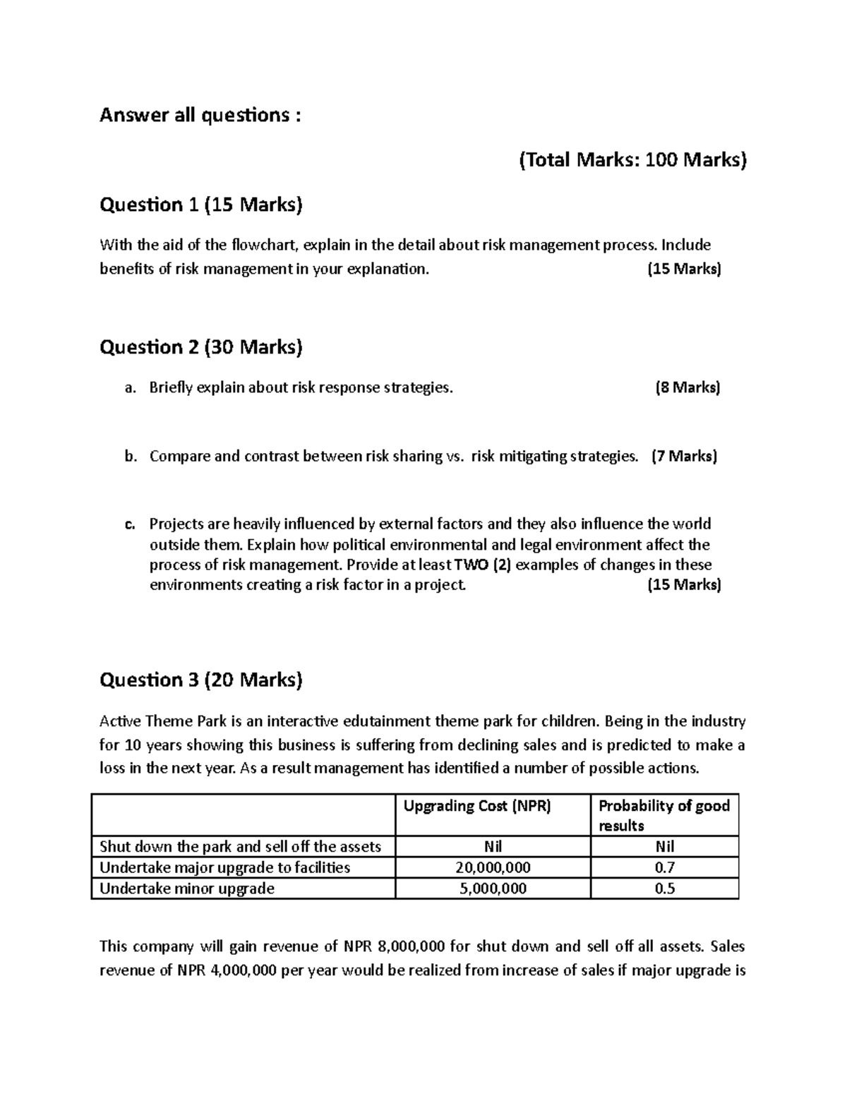 Risk analysis and Management final question - Answer all questions ...