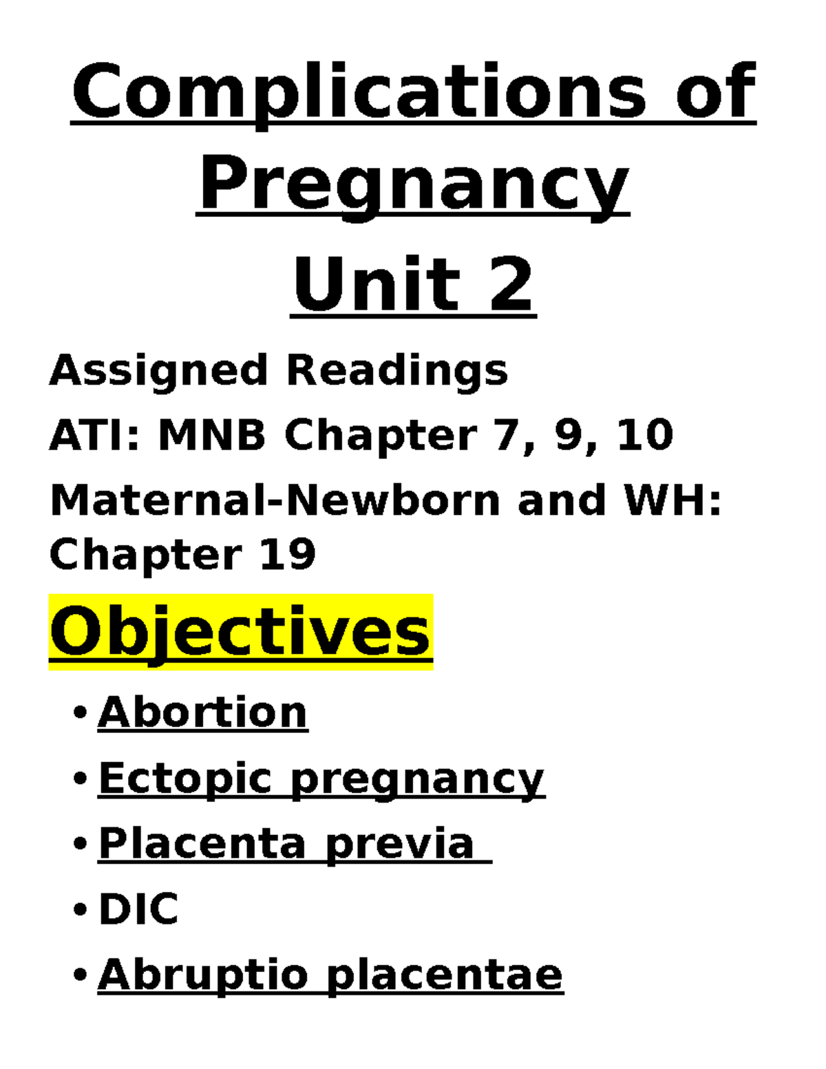 Complications of Pregnancy Outline - Complications of Pregnancy Unit 2 ...
