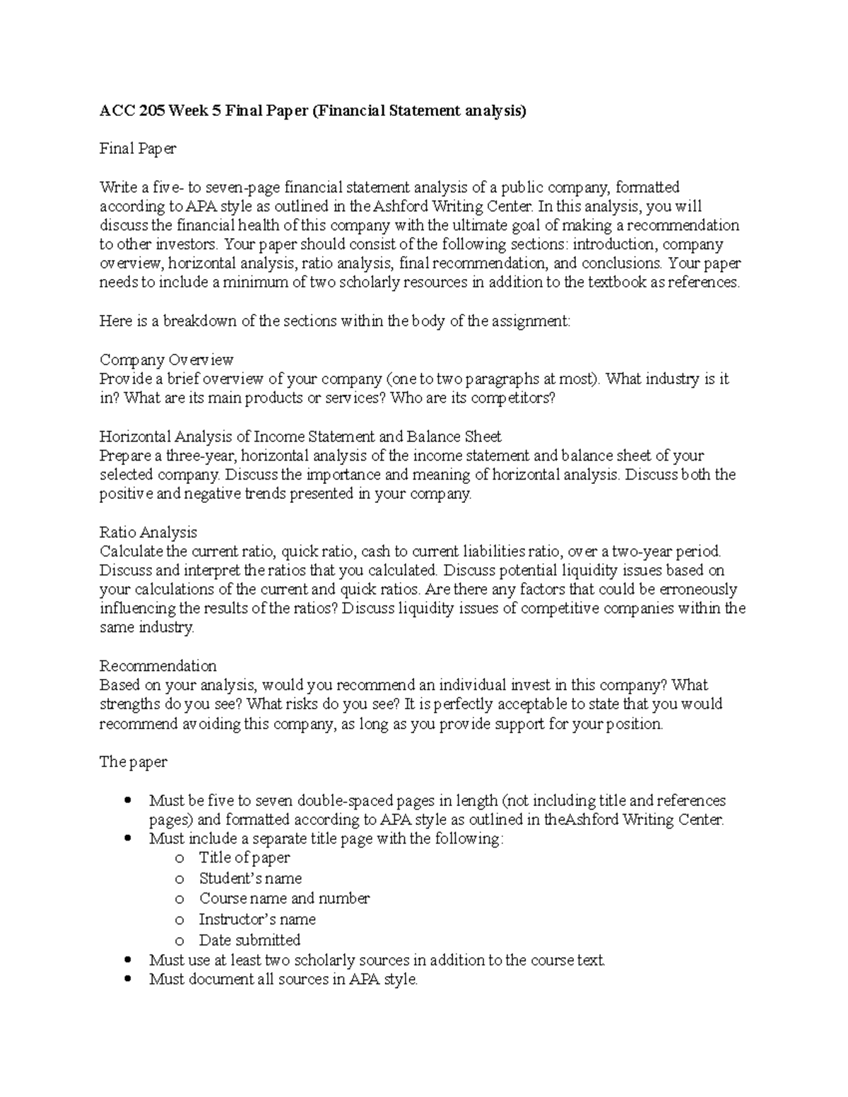 ACC 205 Week 5 Final Paper (Financial Statement analysis) - ACC 205 ...