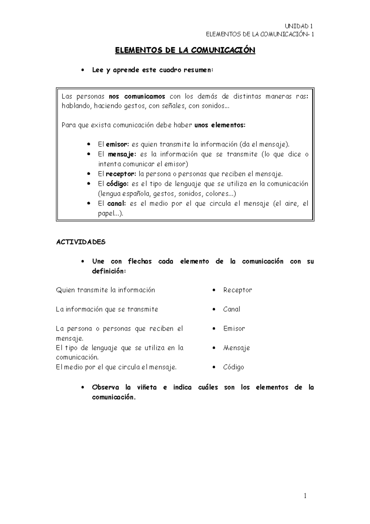 La comunicacion ejercicios - ELEMENTOS DE LA COMUNICACIÓN- 1 ELEMENTOS DE LA COMUNICACIÓN Lee y ...