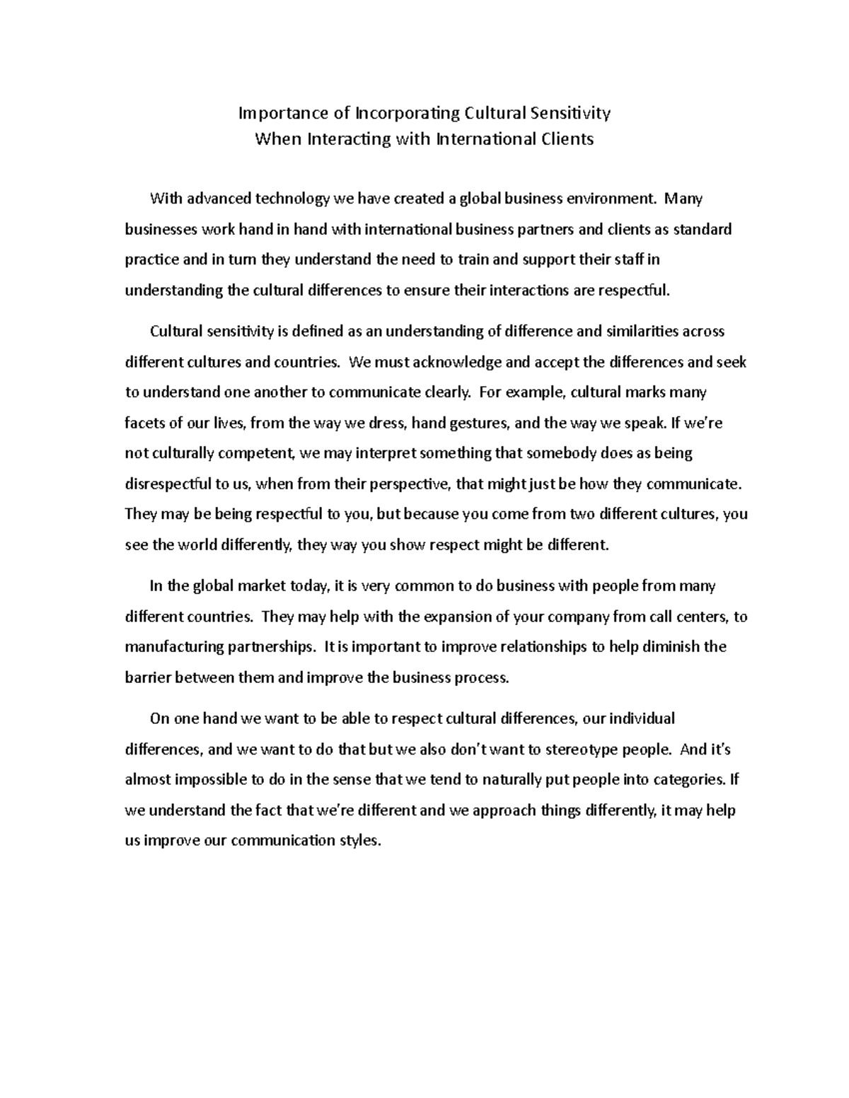 Comm essay - Importance of Incorporating Cultural Sensitivity When ...