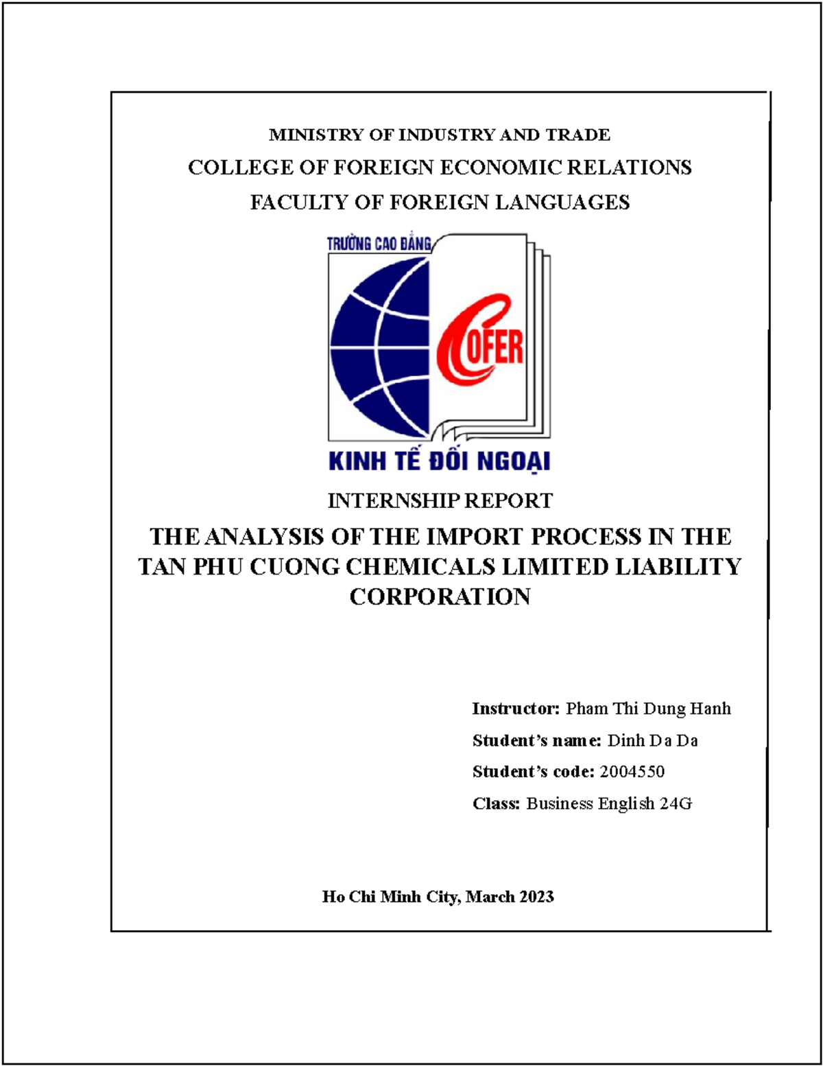 Internship report - Quy trình nhập khẩu - MINISTRY OF INDUSTRY AND ...