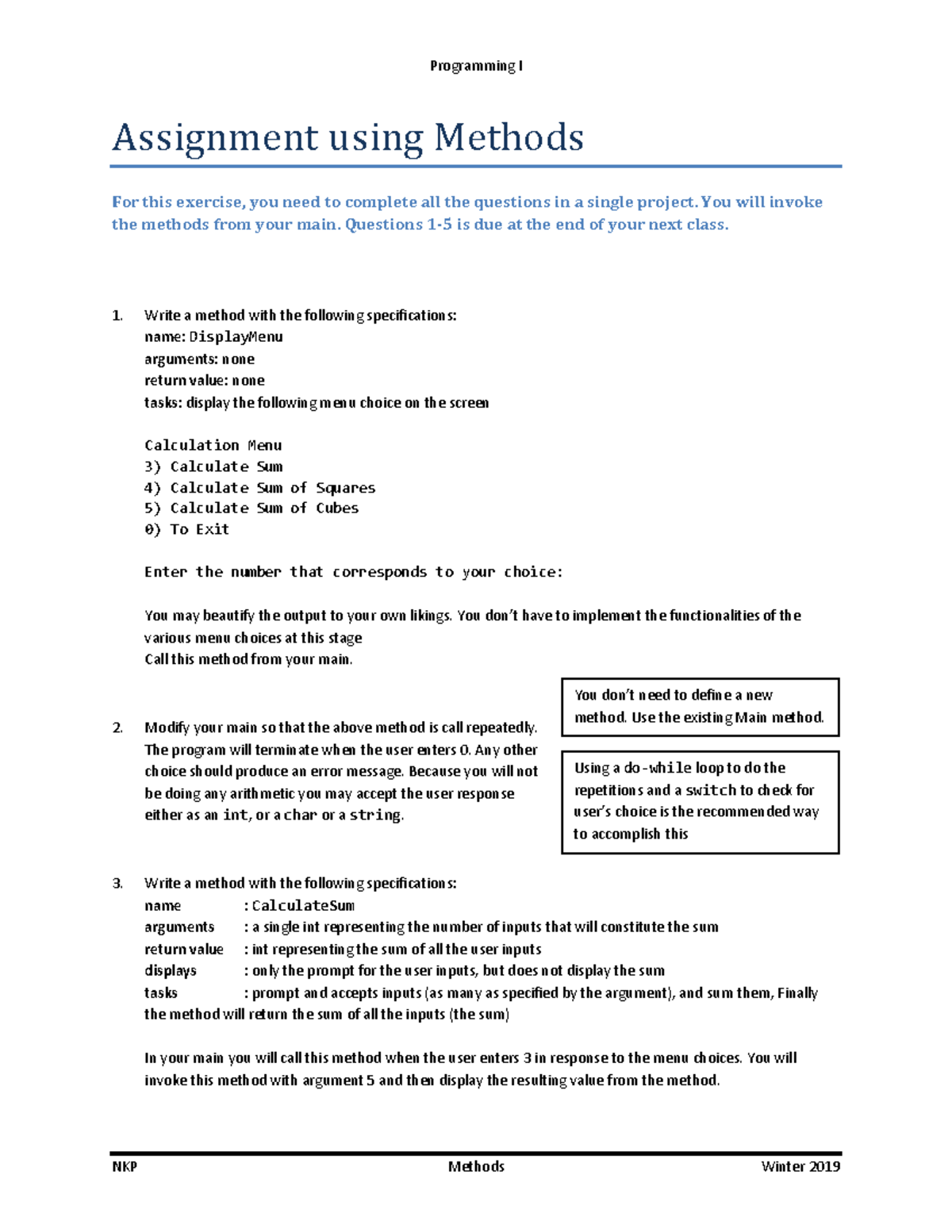 Wk09 Methods Assignment 5A Questions - Programming I NKP Methods Winter ...
