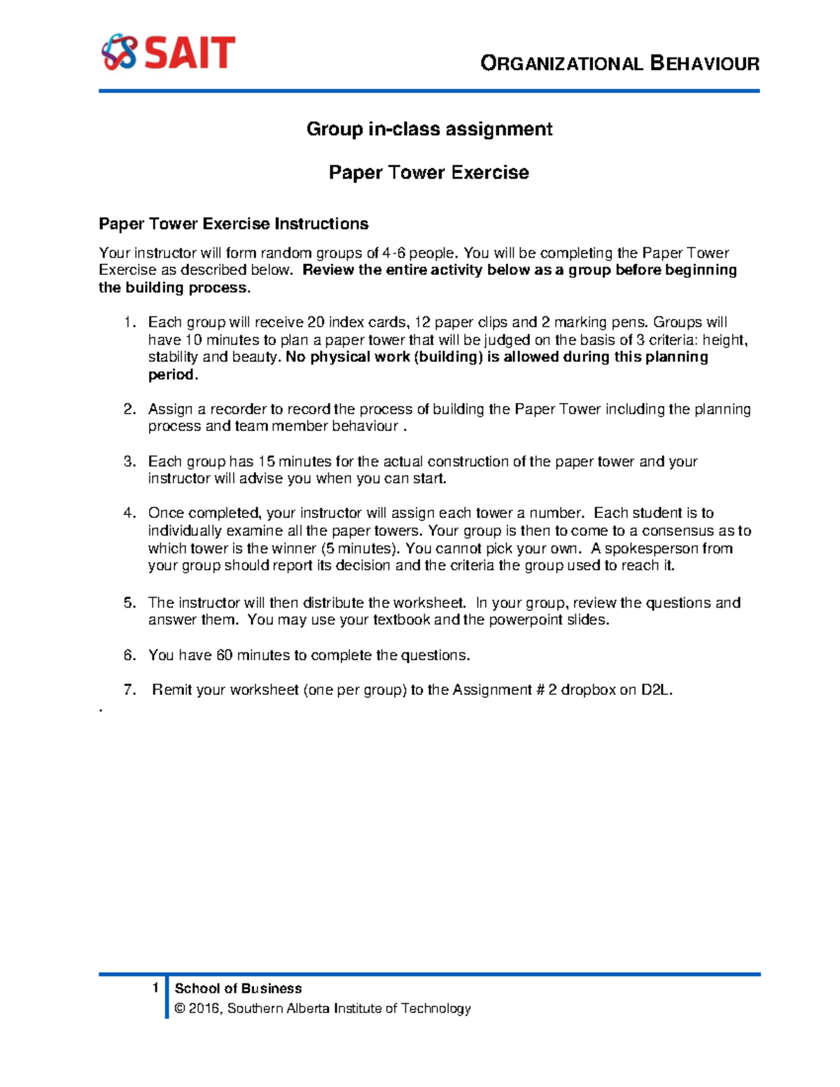 Paper Tower Instructions ORGANIZATIONAL BEHAVIOUR 1 School Of paper-tower-instructions-organizational-behaviour-1-school-of