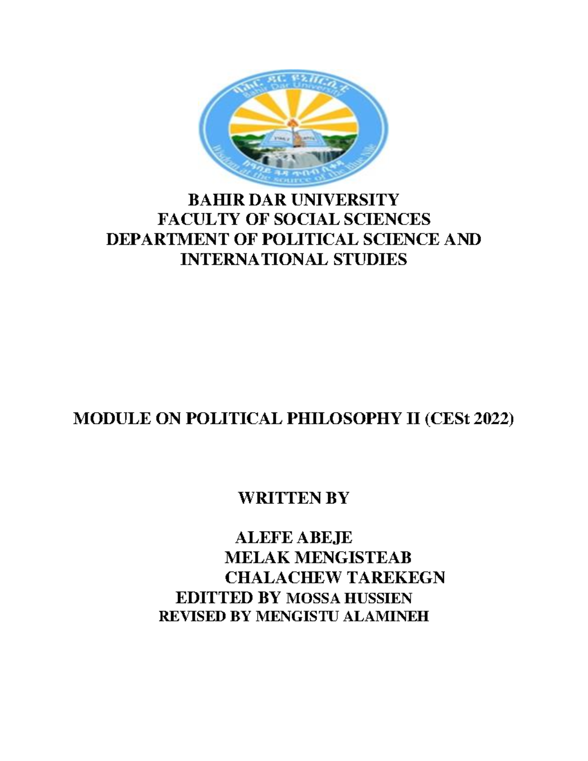 Political Philosophy II CESt 2022 - BAHIR DAR UNIVERSITY FACULTY OF SOCIAL SCIENCES DEPARTMENT ...