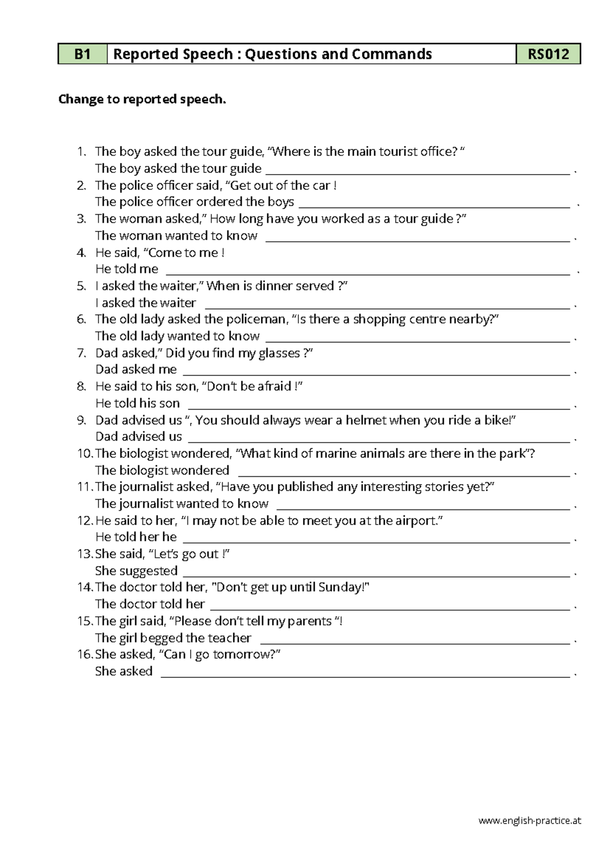 Reported Questions and Commands - PDF Grammar Worksheet - B1 - RS012 - english-practice B1 ...