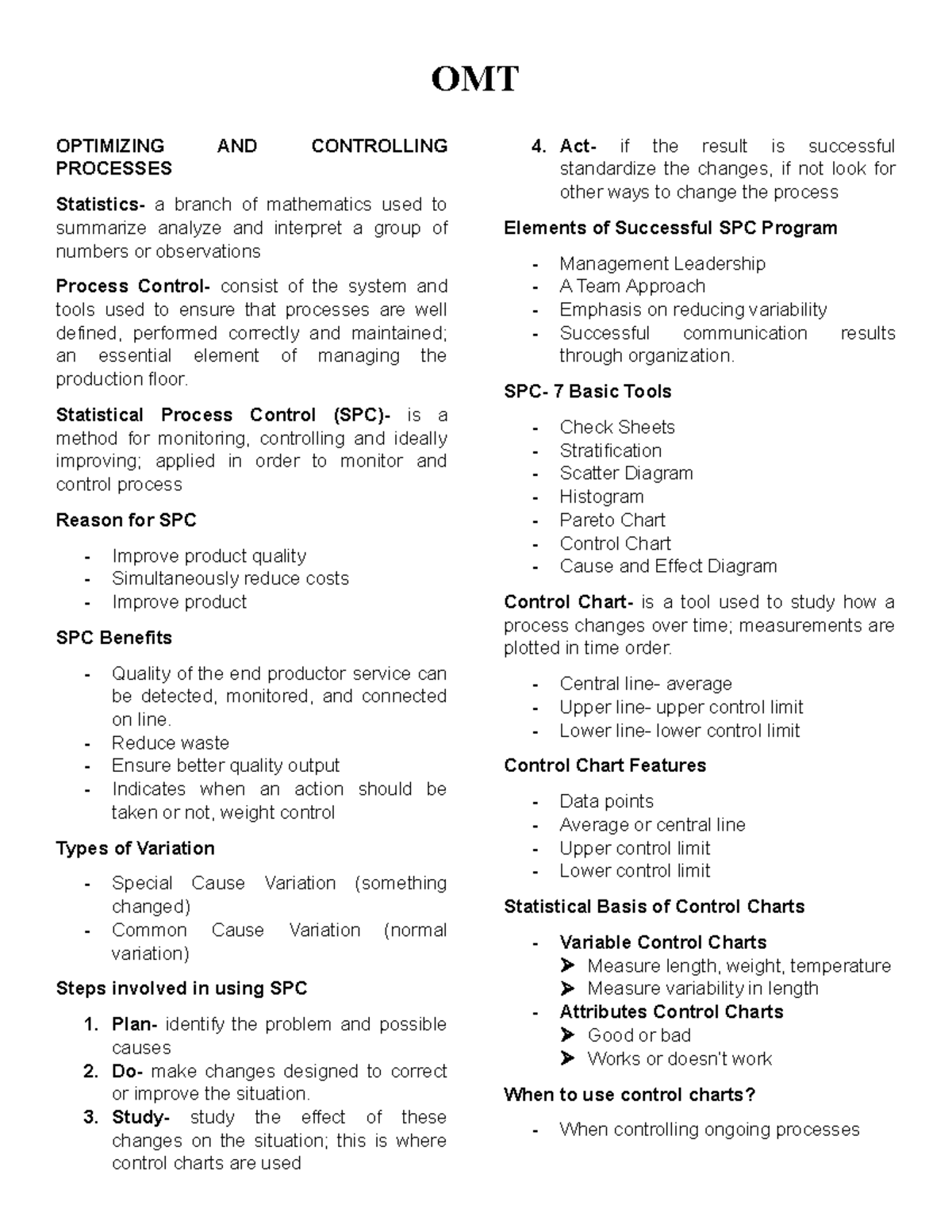 OMT Reviewer (OPTIMIZING AND CONTROLLING PROCESSES, QUALITY MANAGEMENT ...