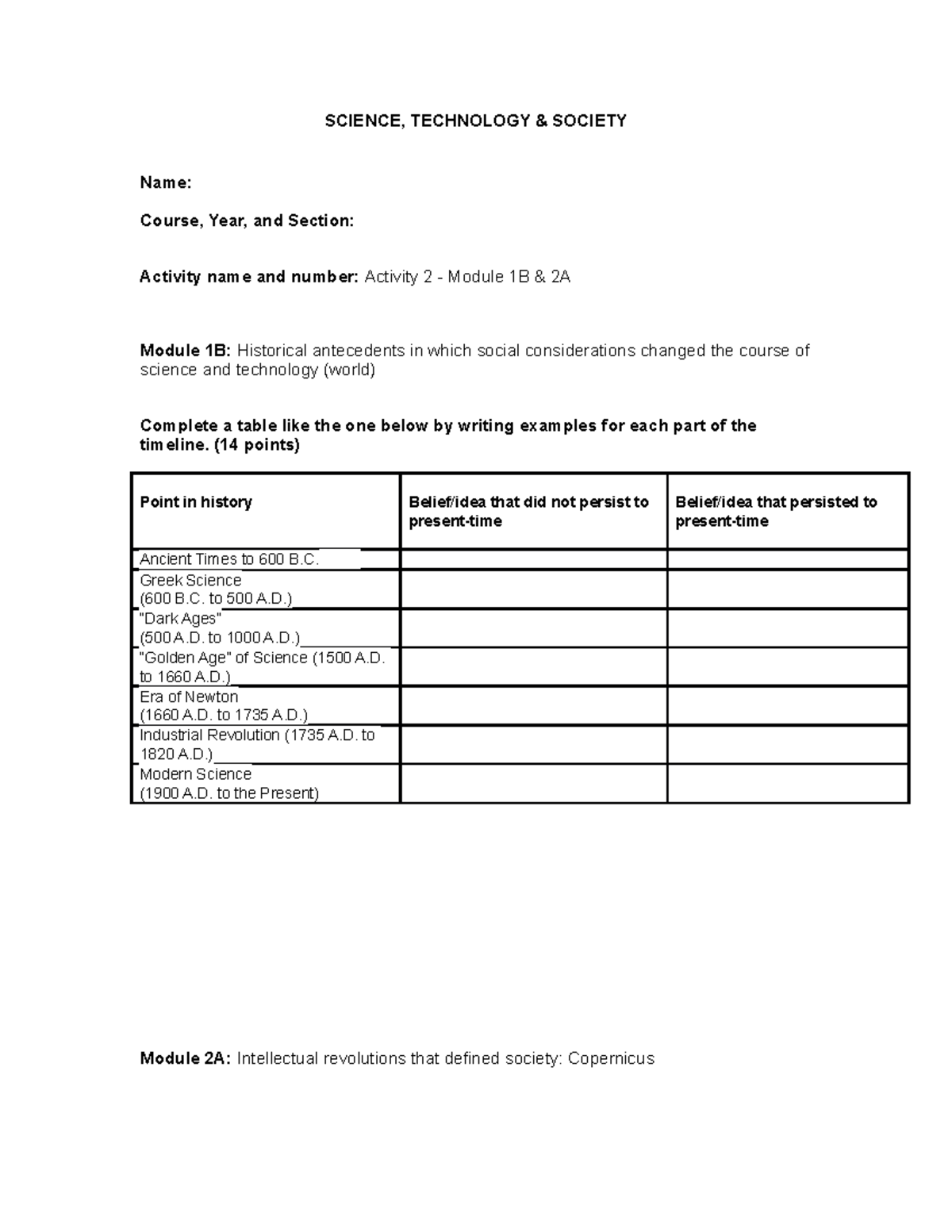 STS - Activity #2 - SCIENCE, TECHNOLOGY & SOCIETY Name: Course, Year ...