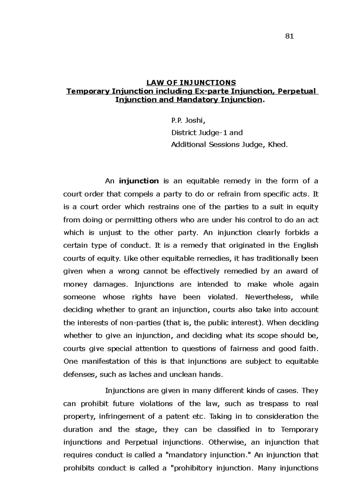 Injunction Lecture Notes 7 LAW OF INJUNCTIONS Temporary Injunction
