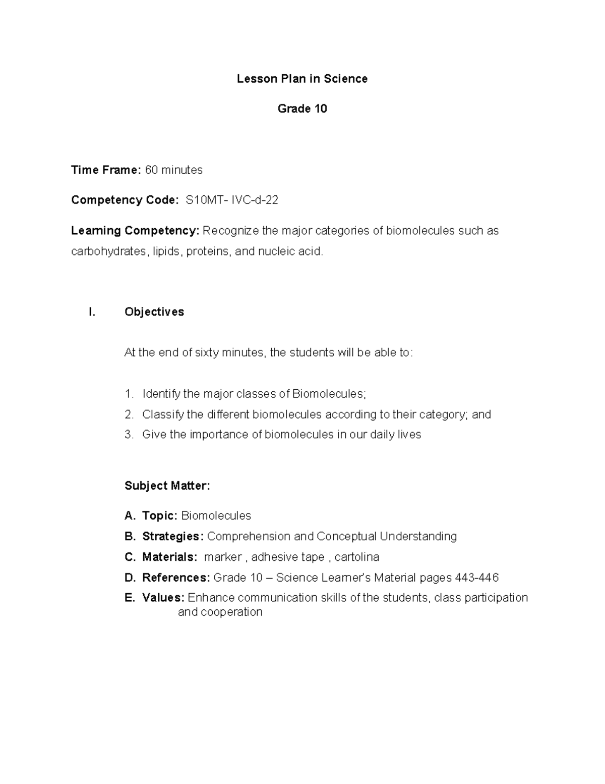 348090719- Biomolecules-docx - Lesson Plan in Science Grade 10 Time ...