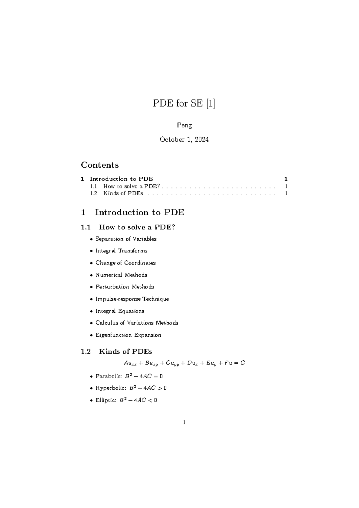 PDE for SE - notes - PDE for SE [1] Peng October 1, 2024 Contents 1 ...