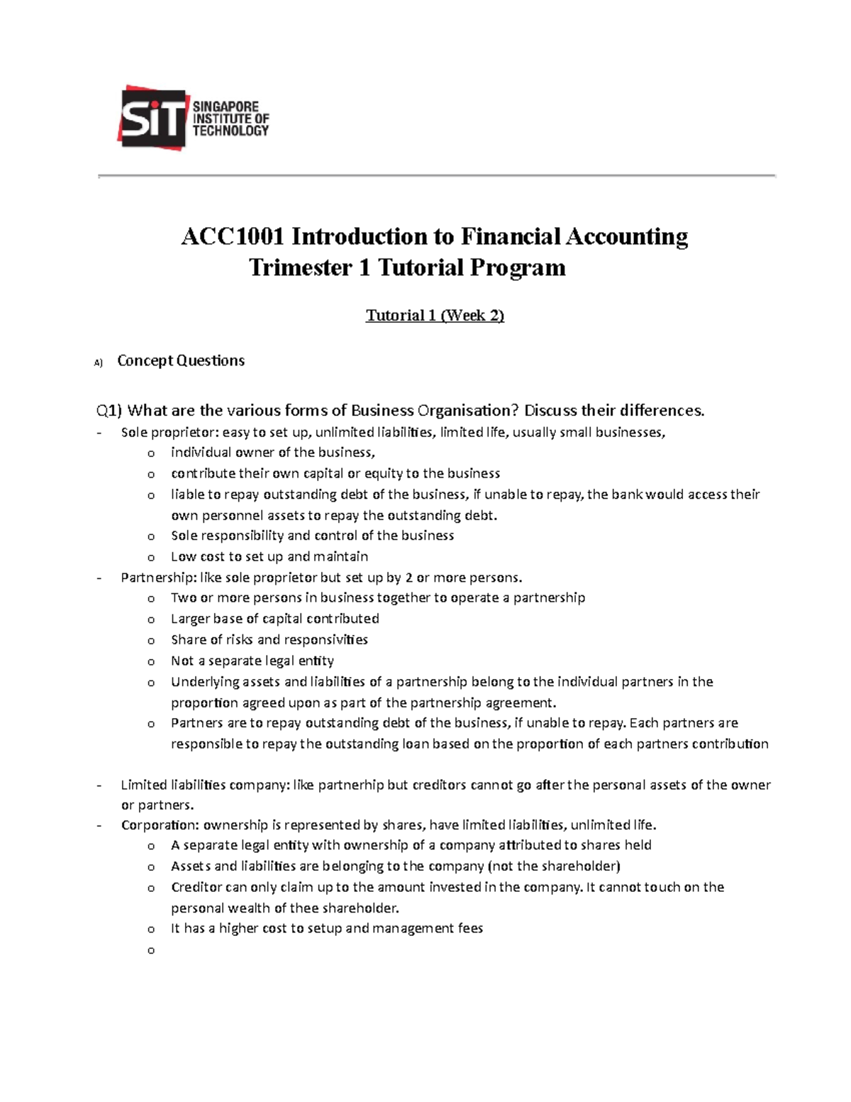 ACC1001 Tutorial 1 v2 - ACC1001 Introduction to Financial Accounting ...