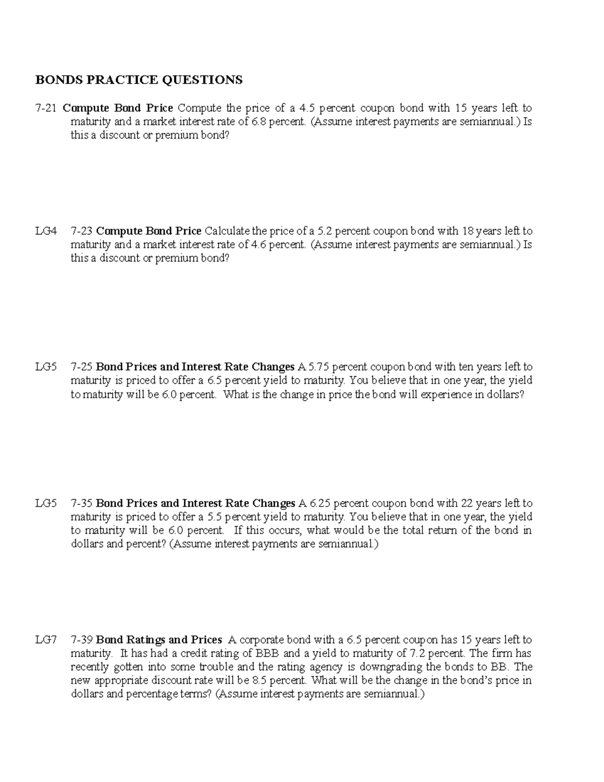 Practice+questions - BONDS PRACTICE QUESTIONS 7-21 Compute Bond Price ...
