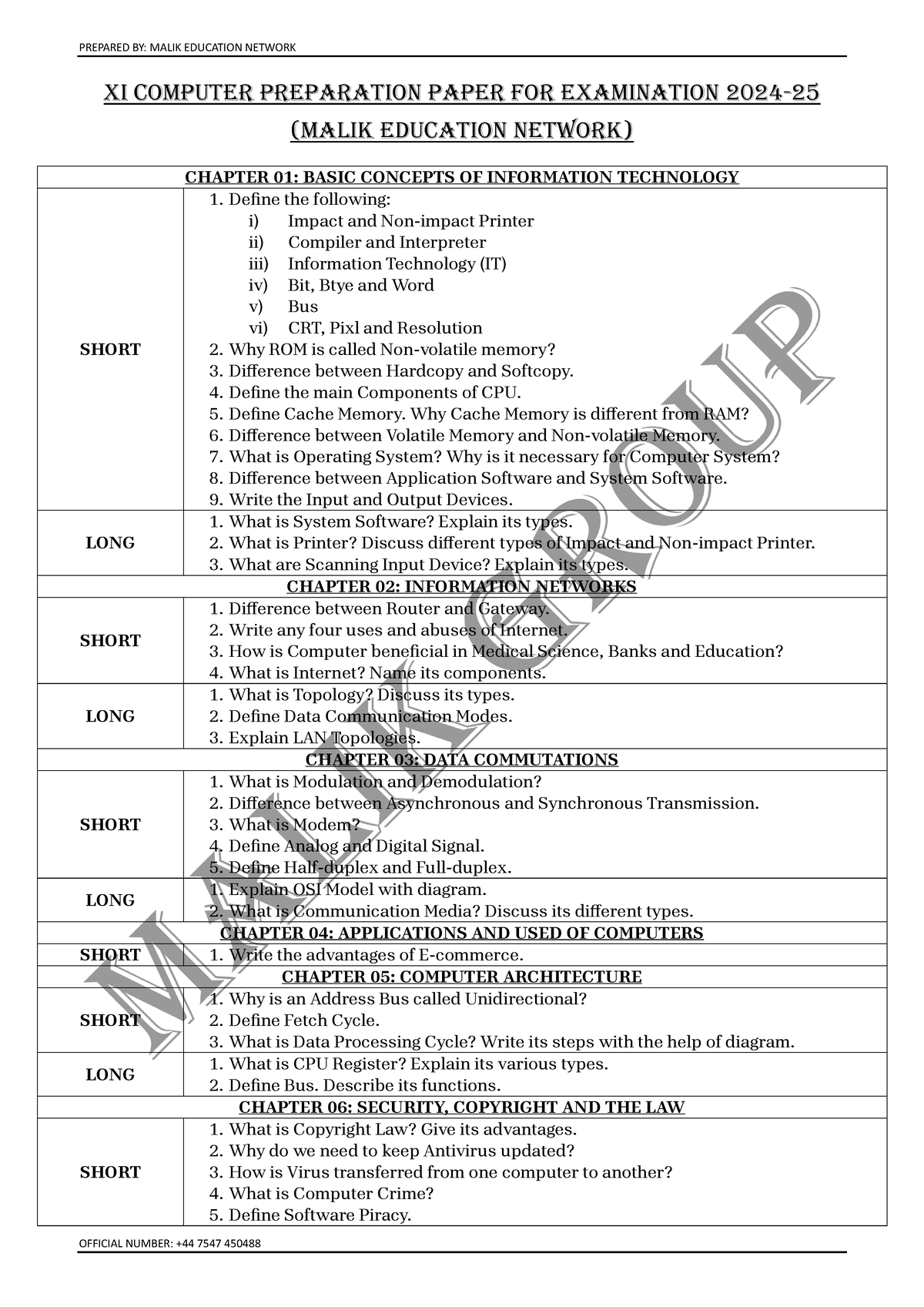 XI Computer Preparation Paper 2025 - Malik Group - PREPARED BY: MALIK ...
