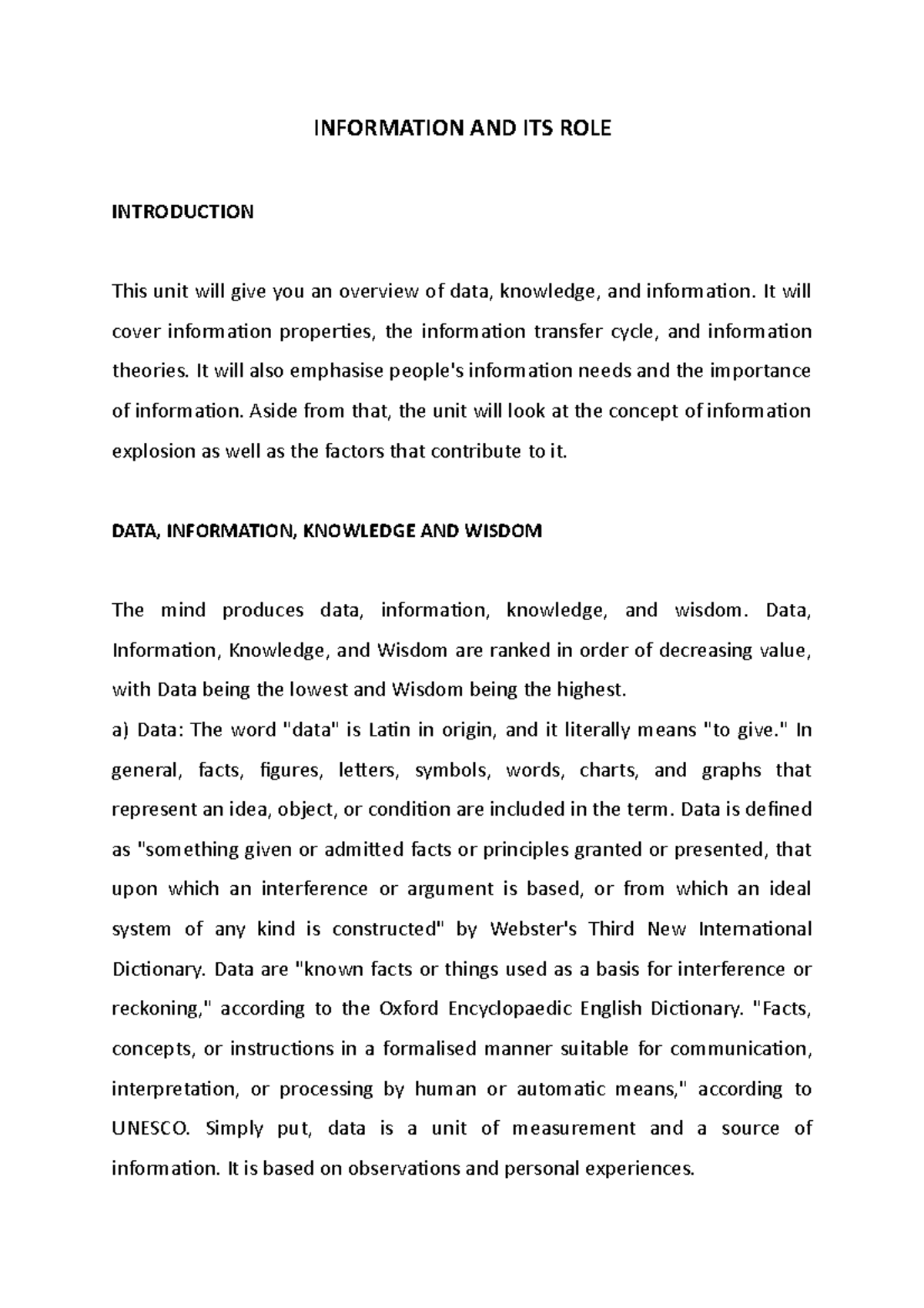 Information AND ITS ROLE - INFORMATION AND ITS ROLE INTRODUCTION This ...