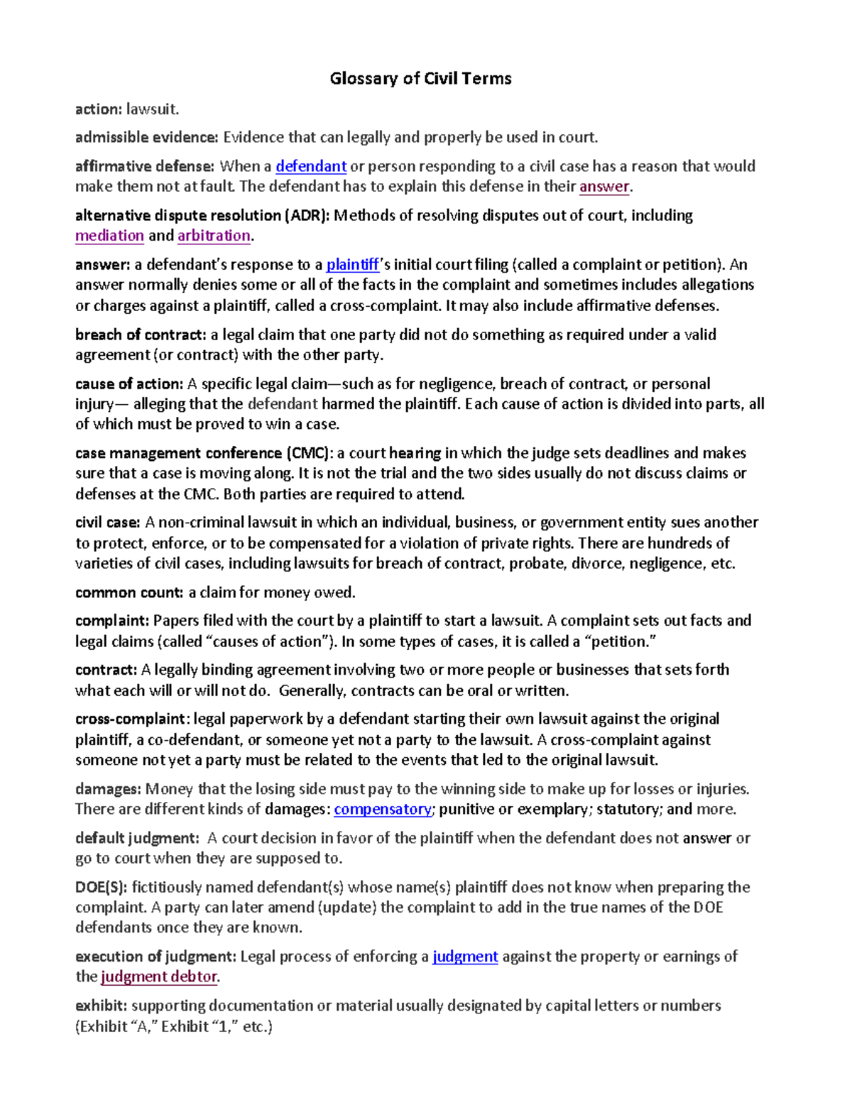Glossary Civil Law - Glossary of Civil Terms action: lawsuit ...