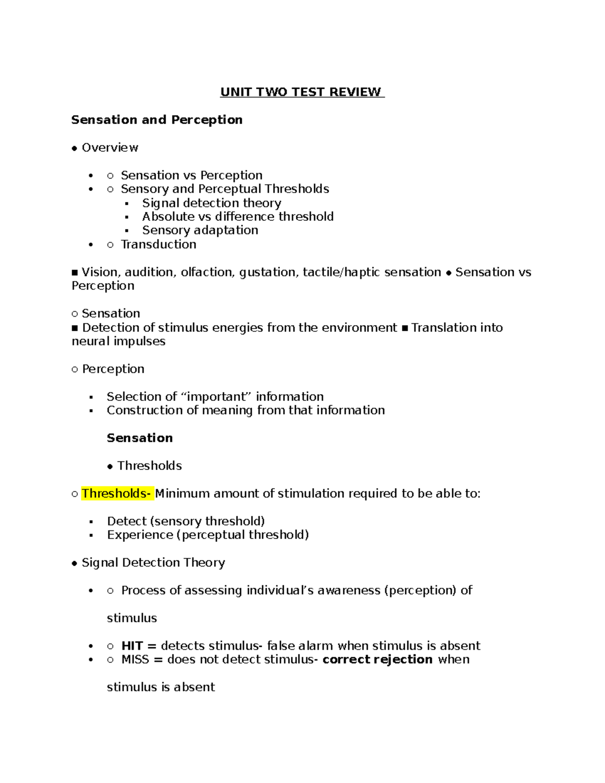 UNIT TWO Psych TEST Review - UNIT TWO TEST REVIEW Sensation and ...