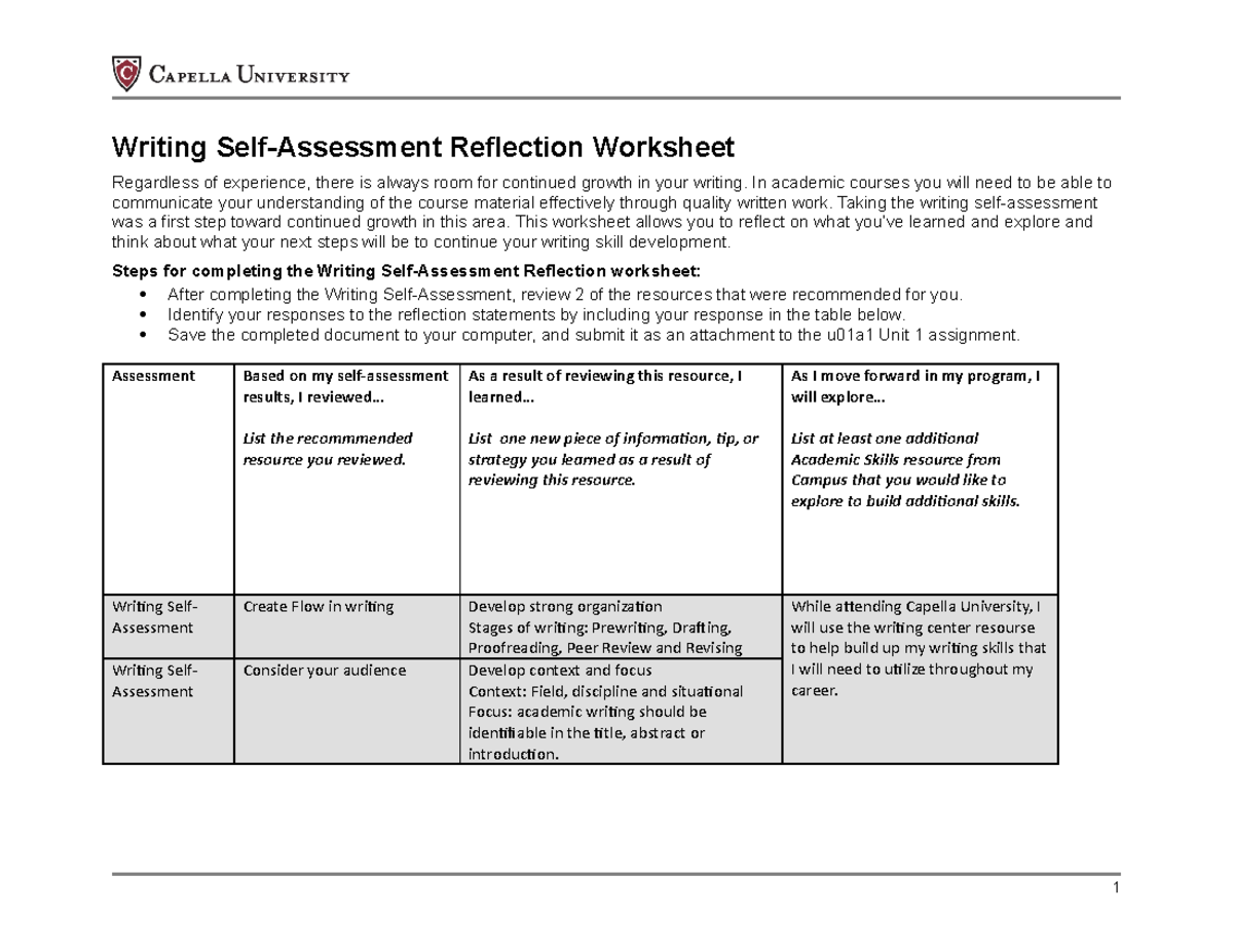 U01a1 Unit 1 Assignment 1 - Writing Self-Assessment Reflection ...