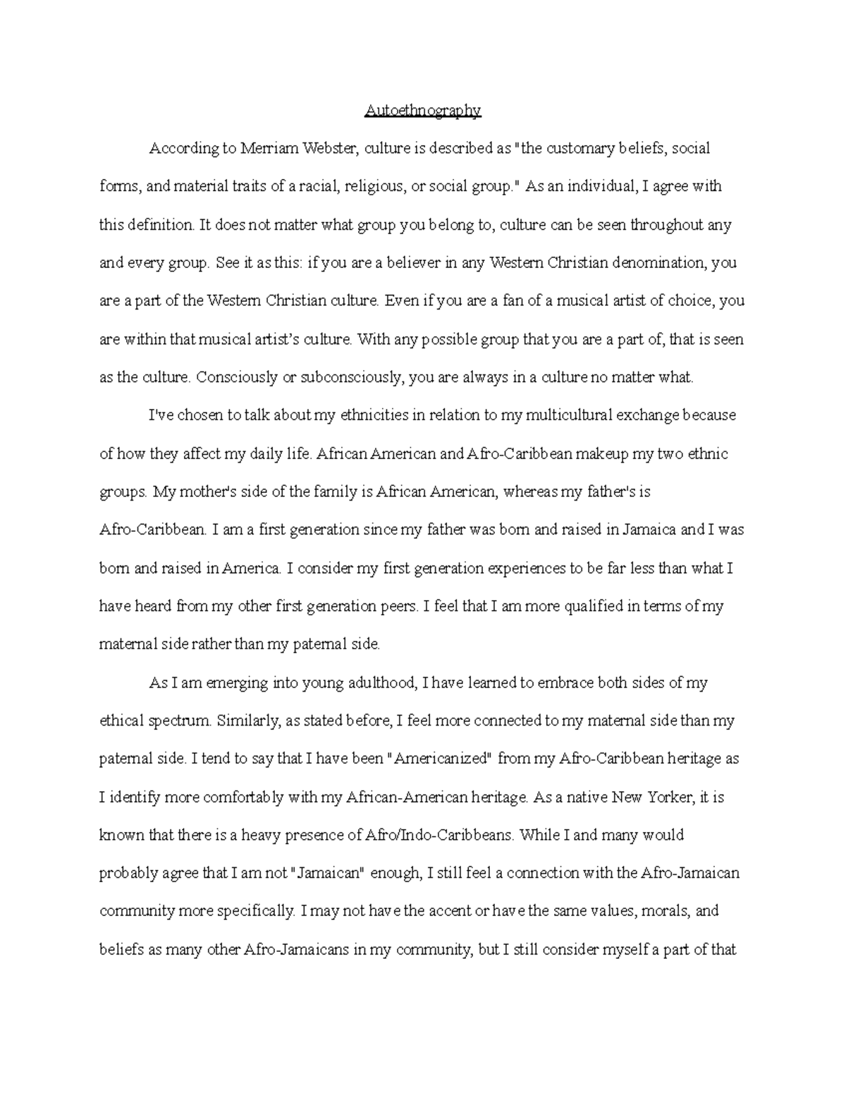 Autoethnography - Writing assignment, authethnography based on student ...