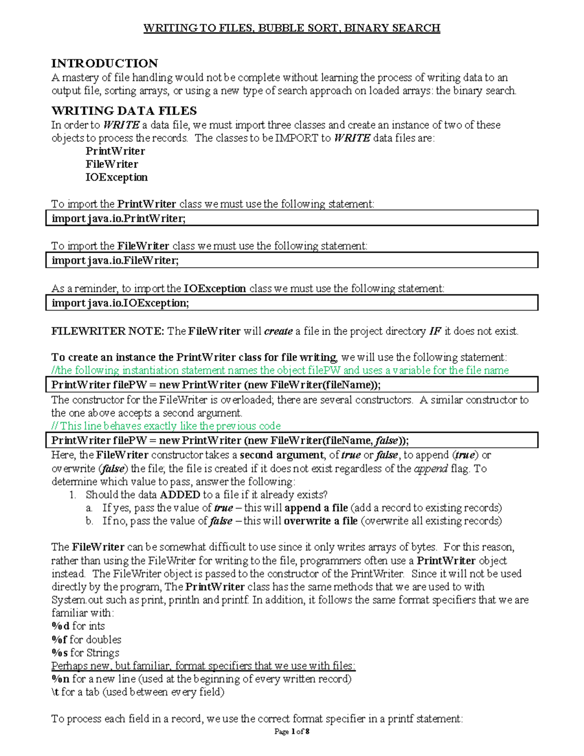 CPT187 Sort And Search Arrays and Writing To Files - WRITING TO FILES, BUBBLE SORT, BINARY ...