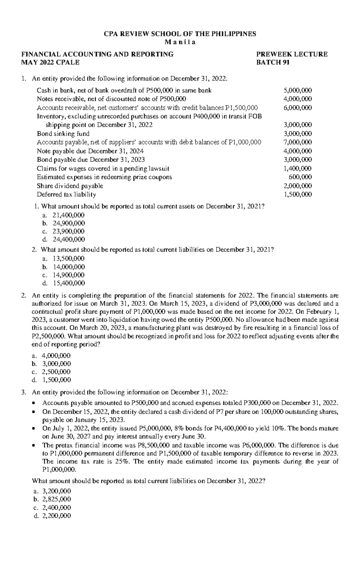 7017 - Preweek Lecture FAR Problems - CPA REVIEW SCHOOL OF THE PHILIPPINES M a n i l a FINANCIAL ...
