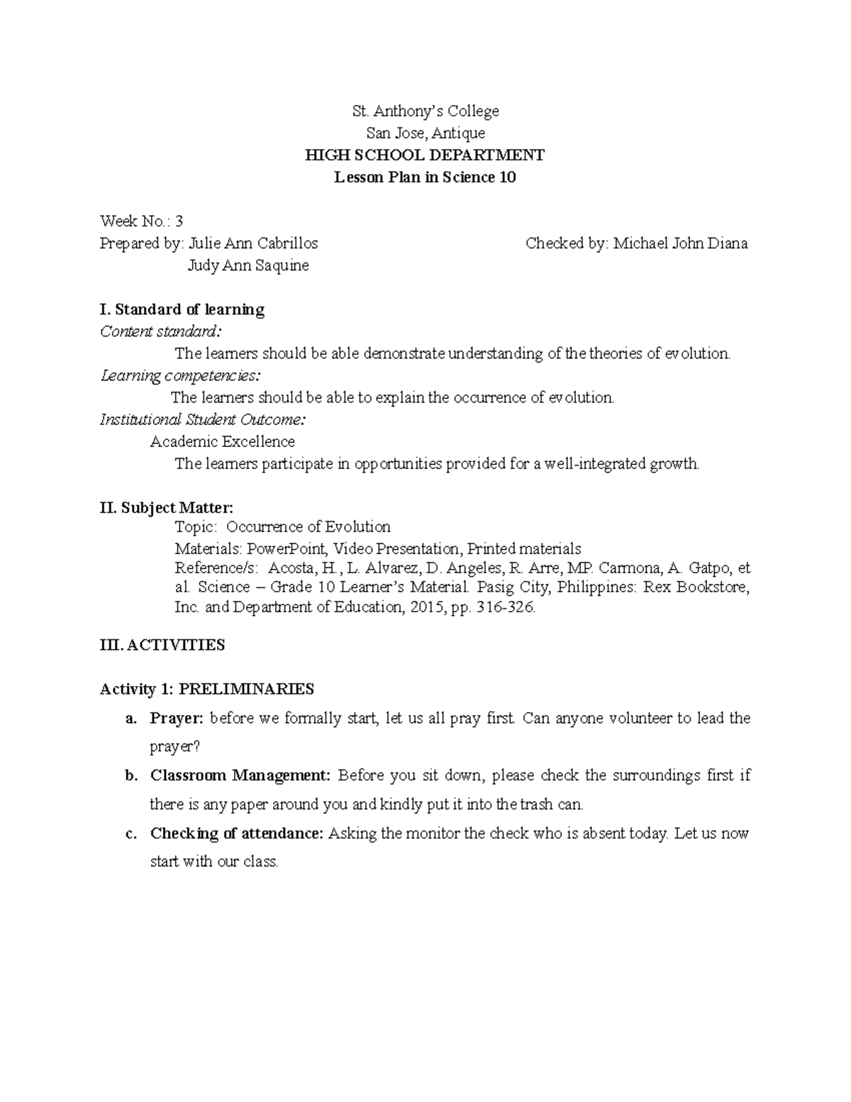 Lesson plan (Occurence of evolution) - St. Anthony’s College San Jose ...