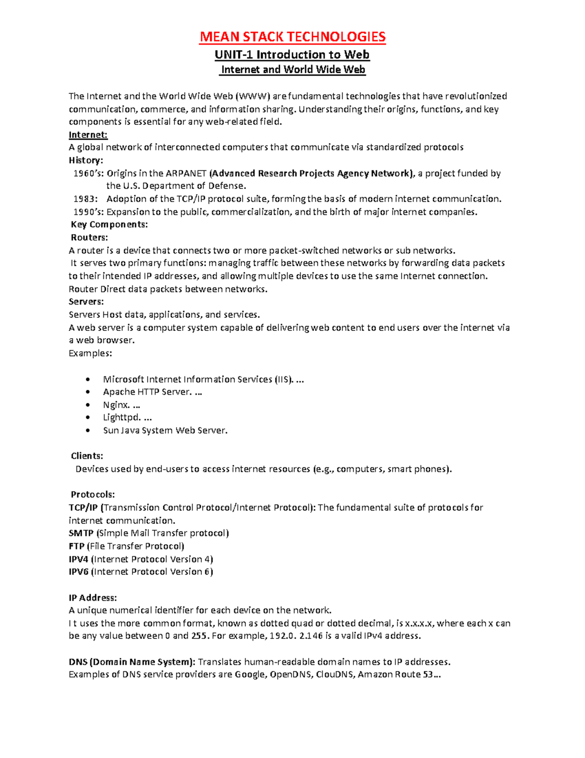 UNIT-1 MEAN Stack - MTECH - MEAN STACK TECHNOLOGIES UNIT- 1 Introduction to Web Internet and ...