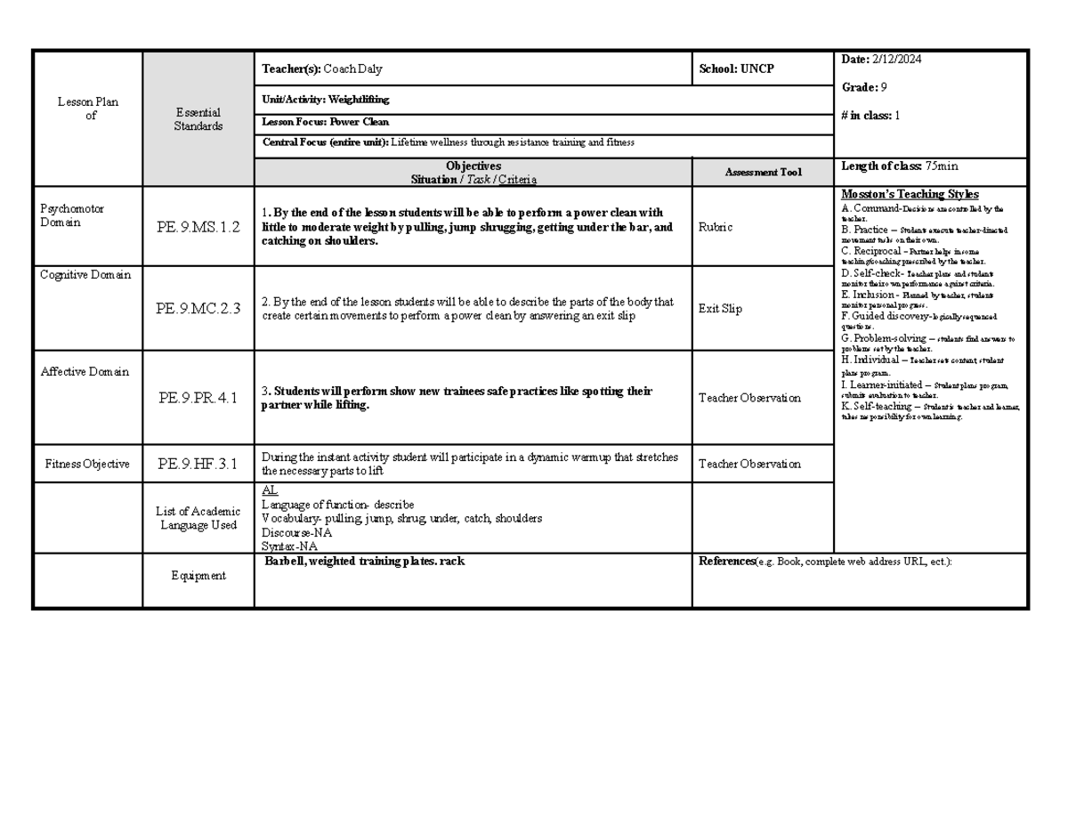 Lesson plan weightlifting - Lesson Plan of Essential Standards Teacher ...