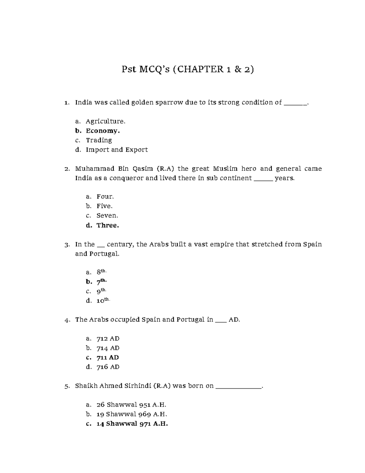 Pst MCQ - Pst MCQ’s (CHAPTER 1 & 2) India was called golden sparrow due to its strong condition ...
