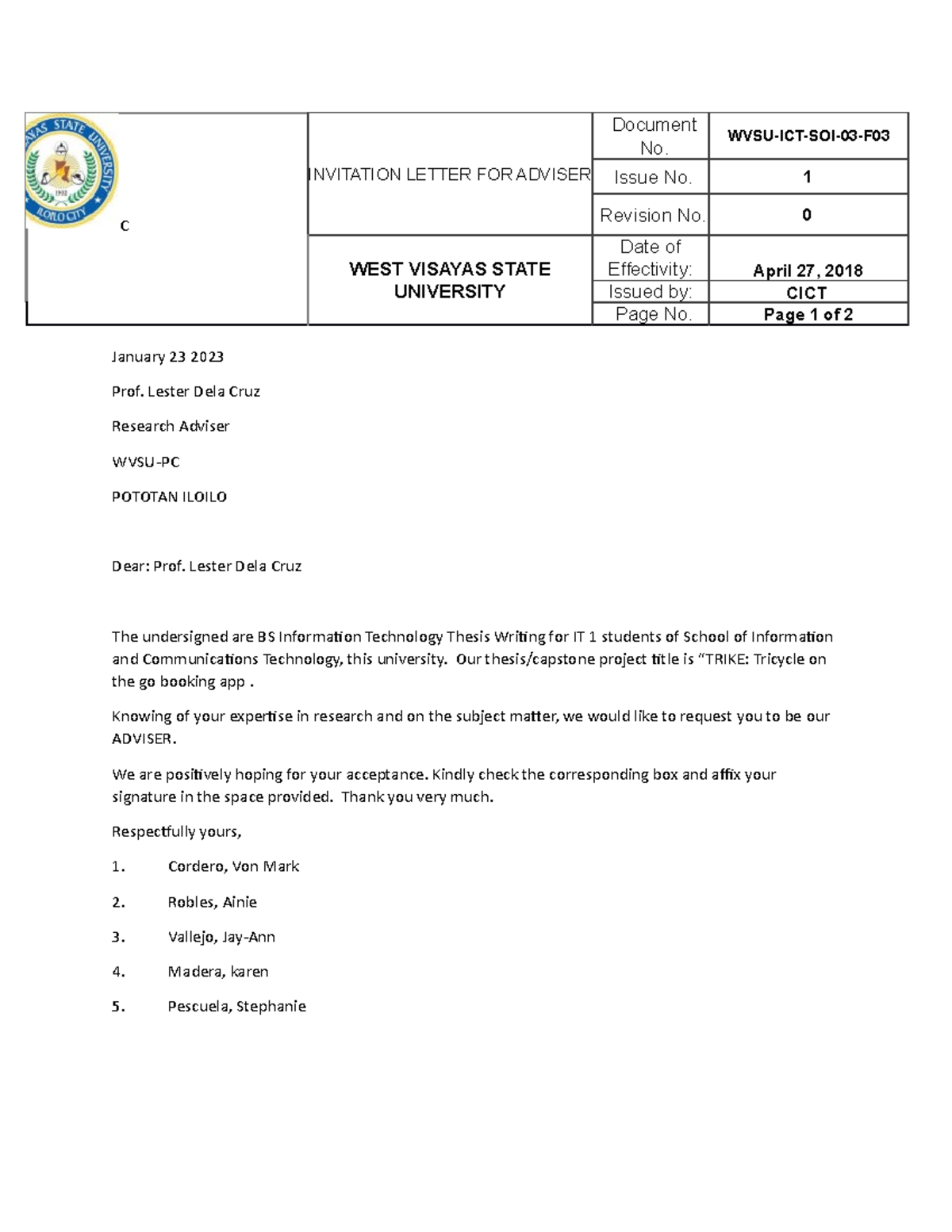 Research-Letter - Goods - C INVITATION LETTER FOR ADVISER Document No ...