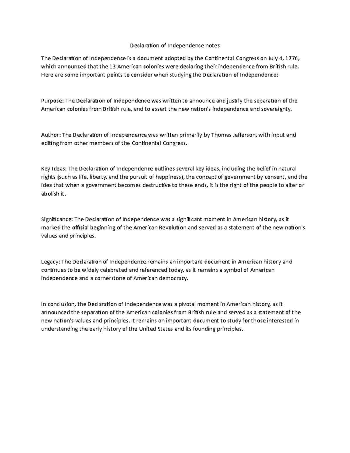 Declaration of Independence notes - Here are some important points to ...