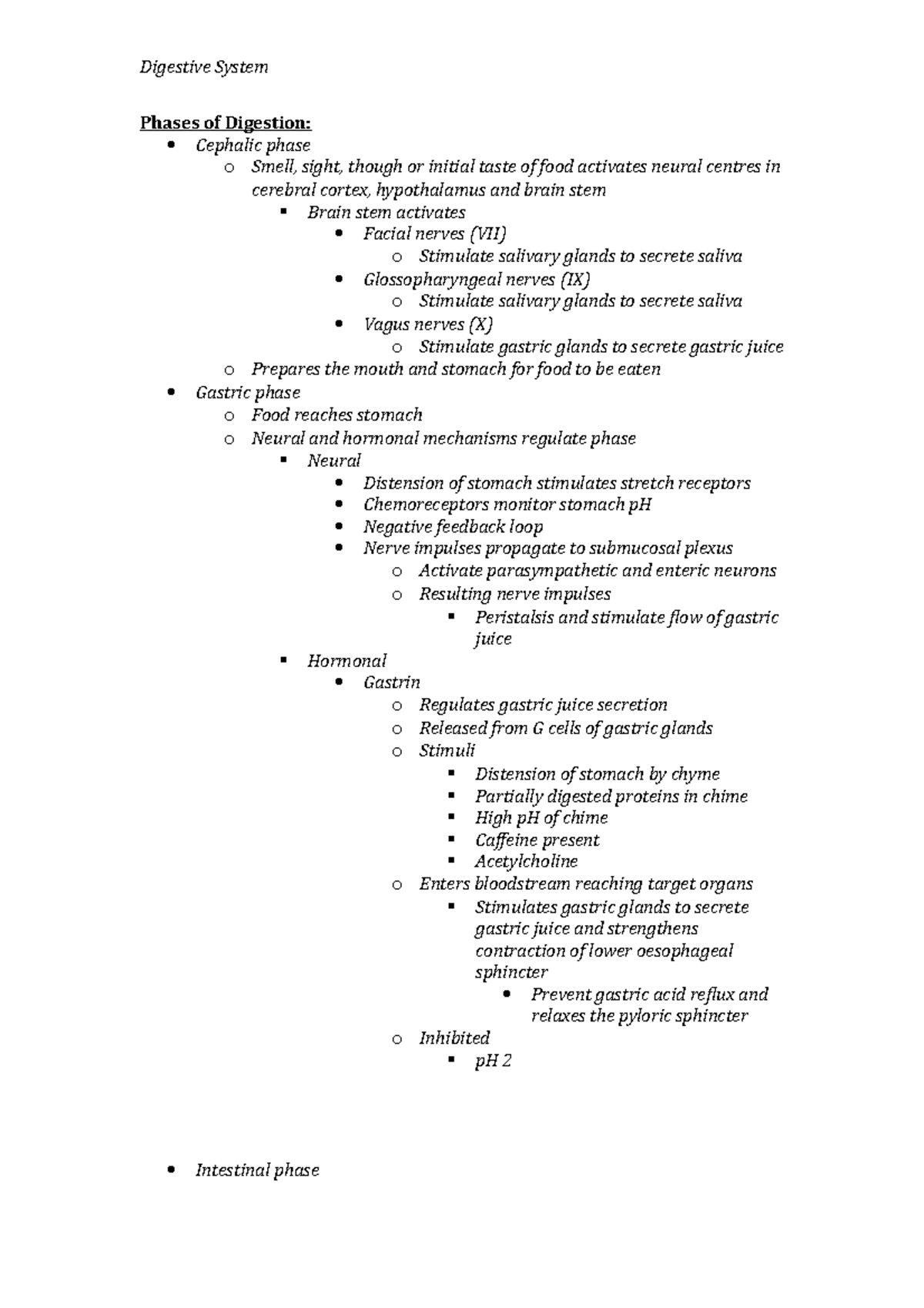 Phases of Digestion Lecture Notes - Digestive System Phases of ...