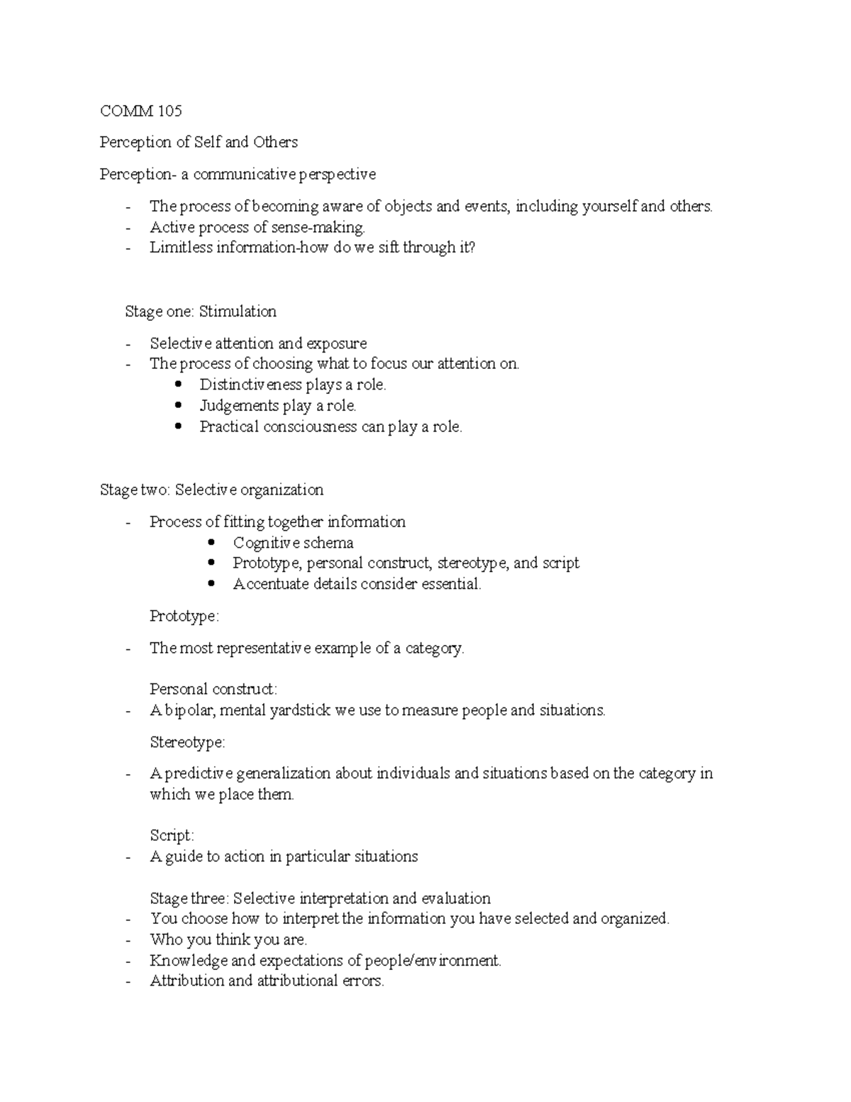 Preception of self and others 1 COMM 105 - COMM 105 Perception of Self and Others Perception- a ...